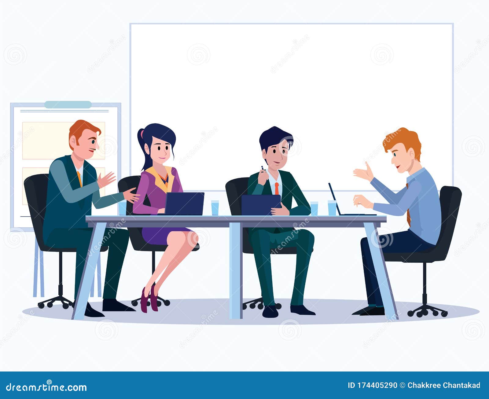 Teamwork Of Colleagues In The Meeting Room Office With Laptops Vector ...