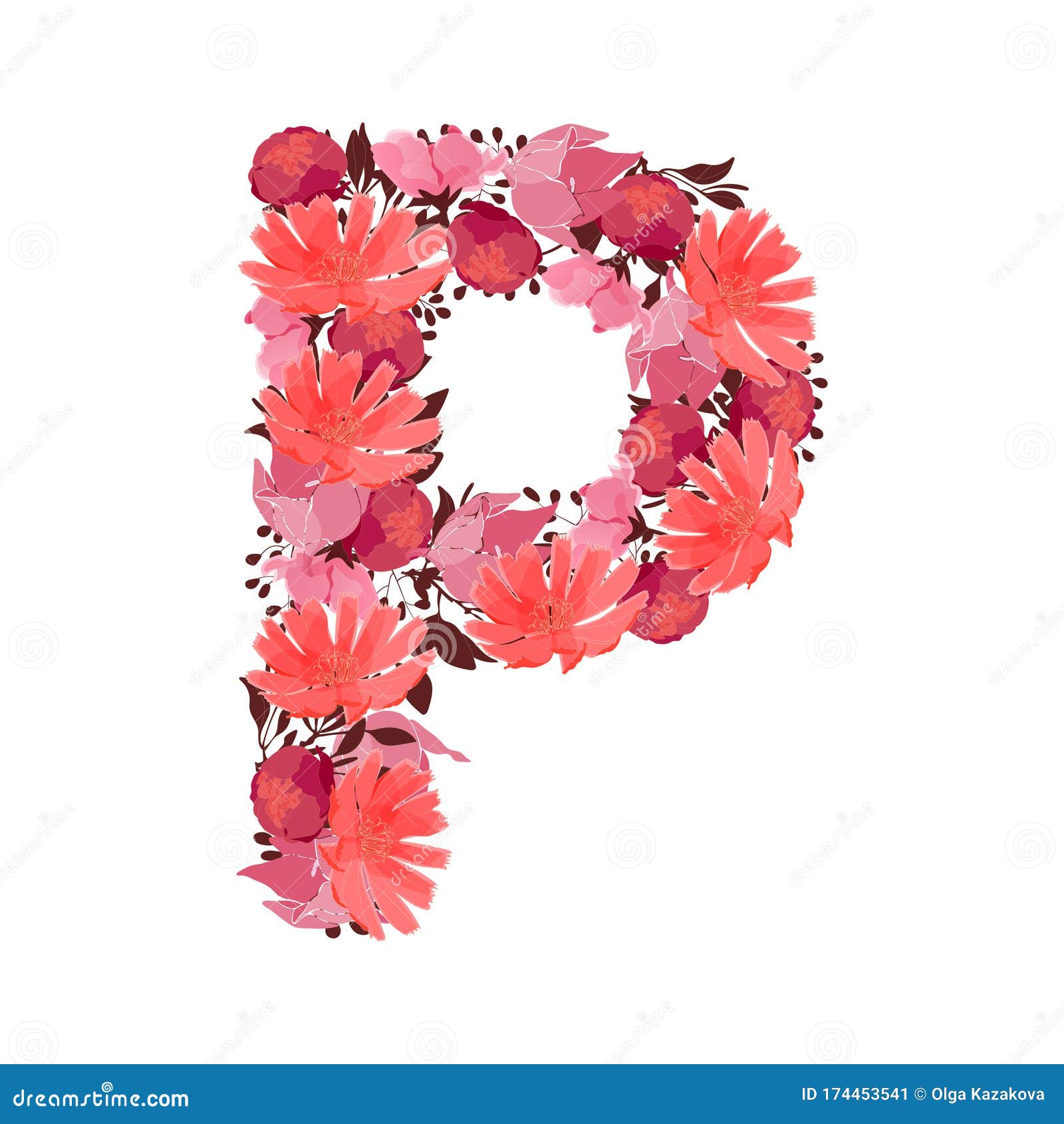 Vector Floral Letter, Capital Character P. Botanical Monogram Stock ...