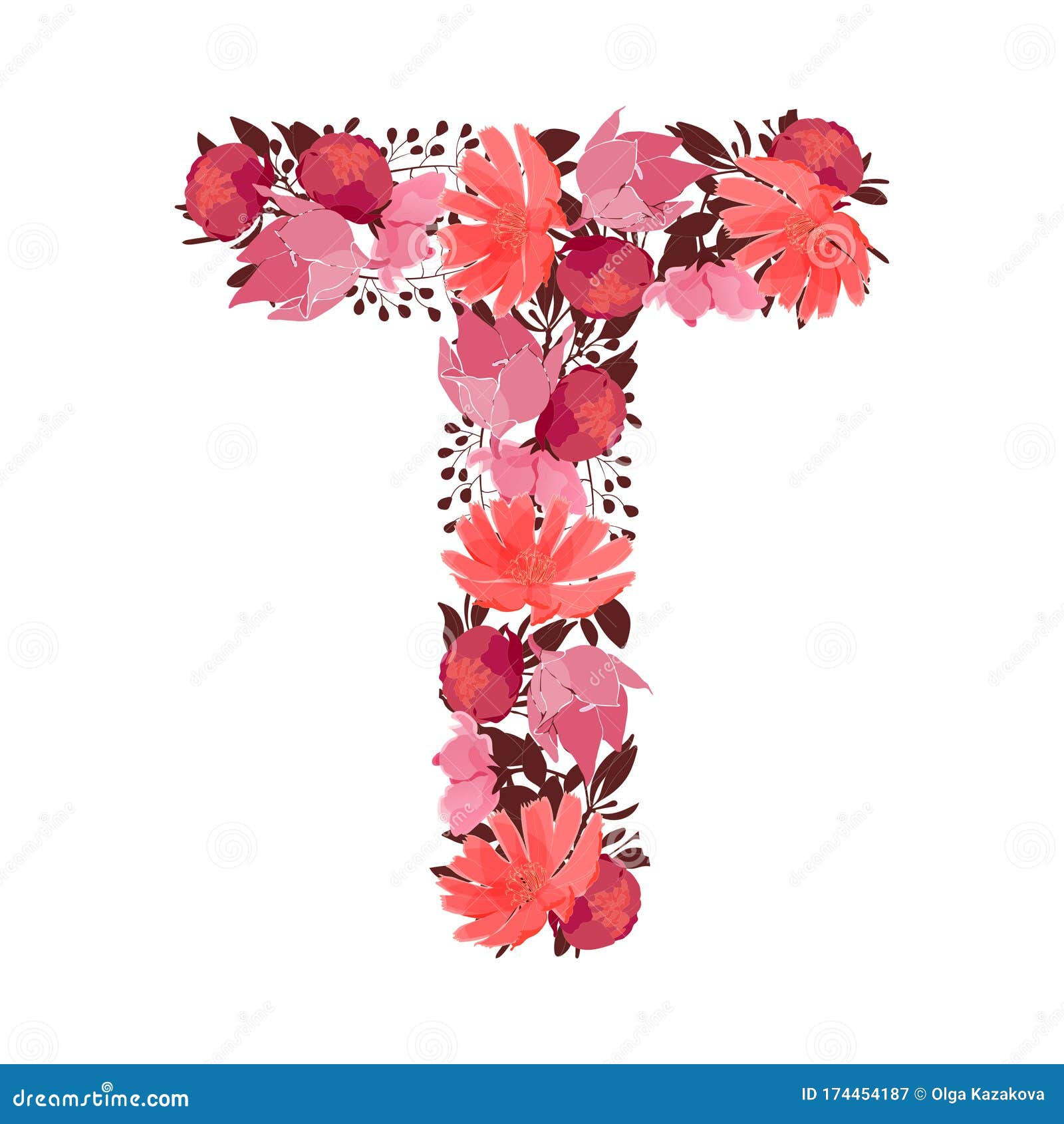Vector Floral Letter, Capital Character T. Botanical Monogram Stock ...