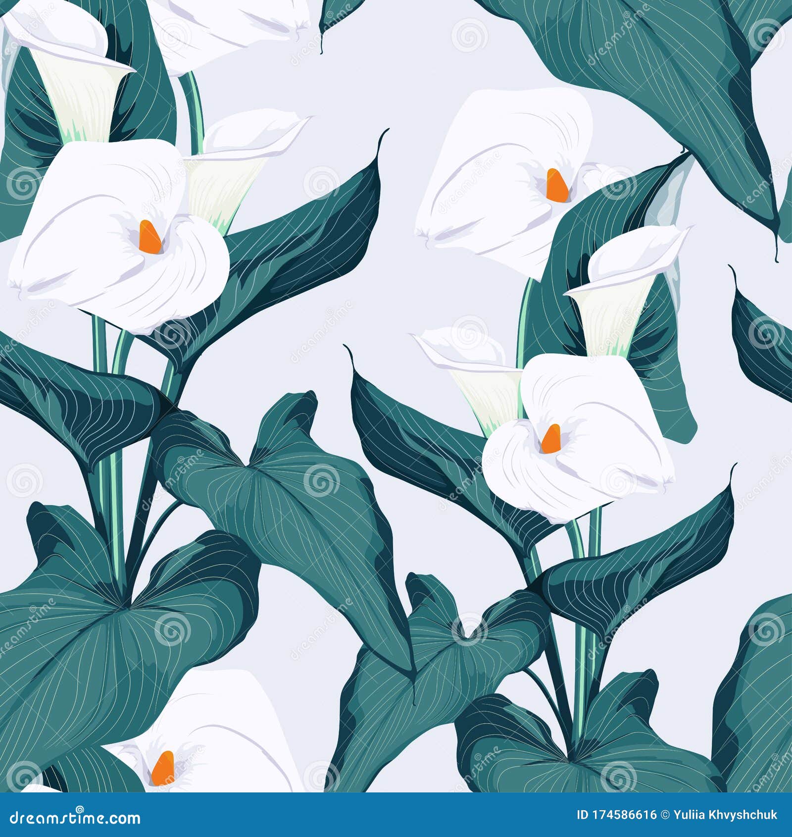 Seamless Blue Calla Lilies Flower and Leaves Background, Elegant ...