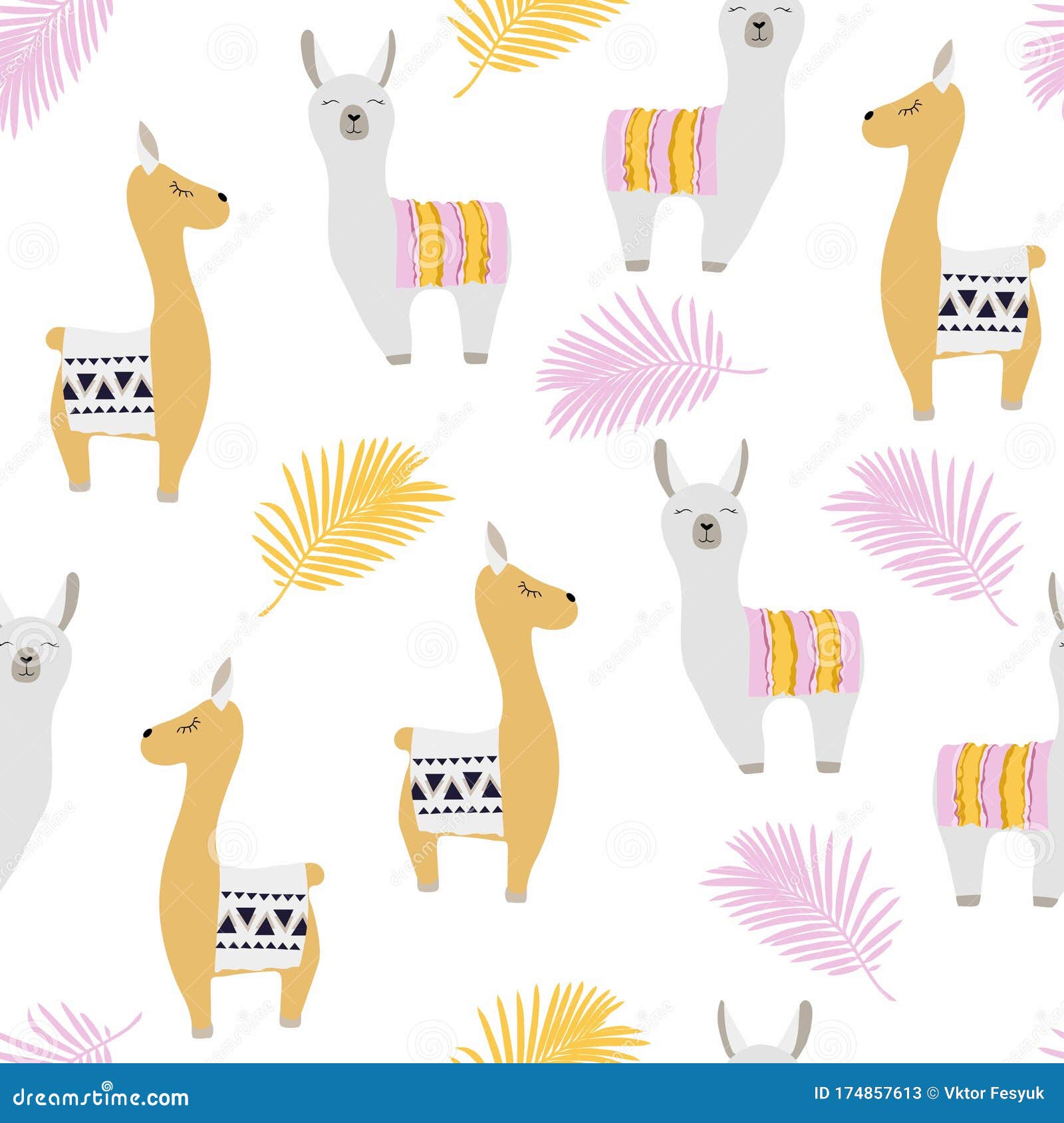Cute Lama with Palm Leaves Seamless Pattern on White Background. Baby ...