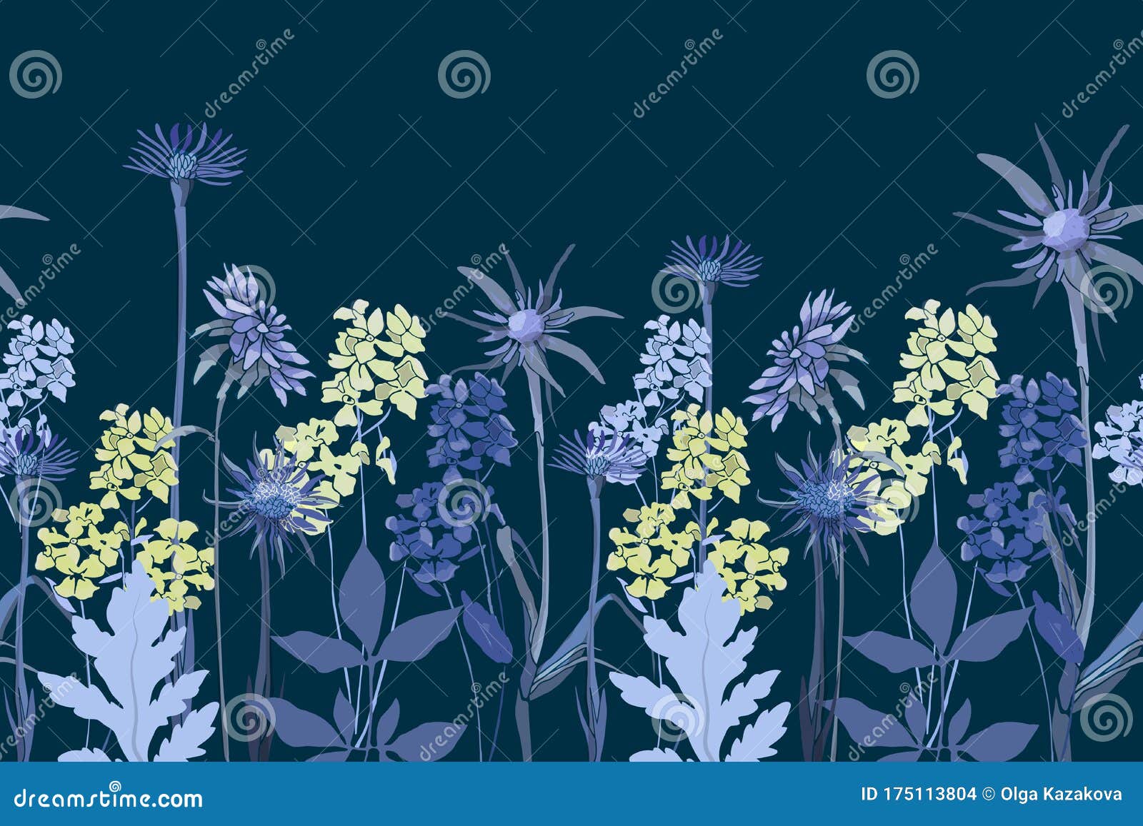 Vector Floral Seamless Border. Spring, Summer Blue, Light Yellow ...