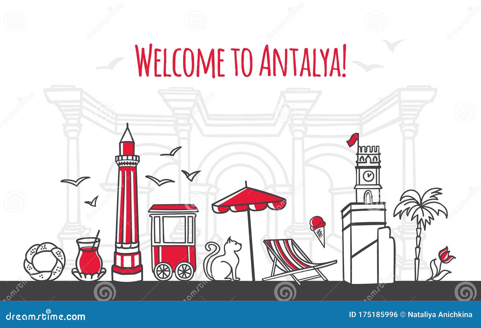 Welcome To Antalya. Modern Vector Illustration of Famous Symbols of the ...