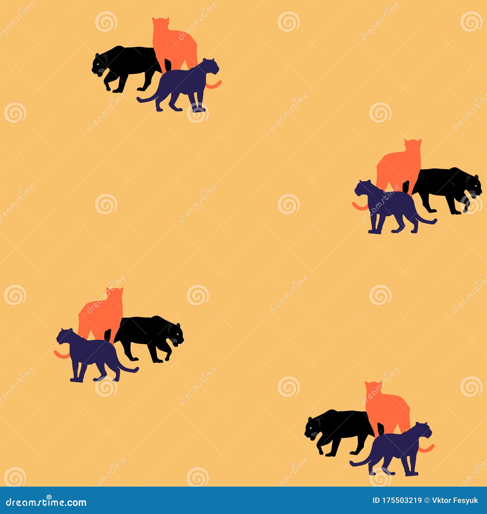 Seamless Graphical Tropical Pattern with Black Orange Puma Cat. Stock ...