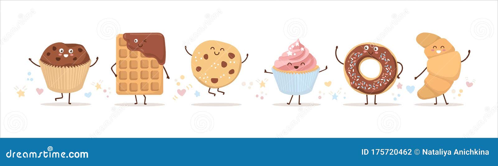 Set of Cute Pastry Characters in Trendy Kawaii Style. Stock Vector ...