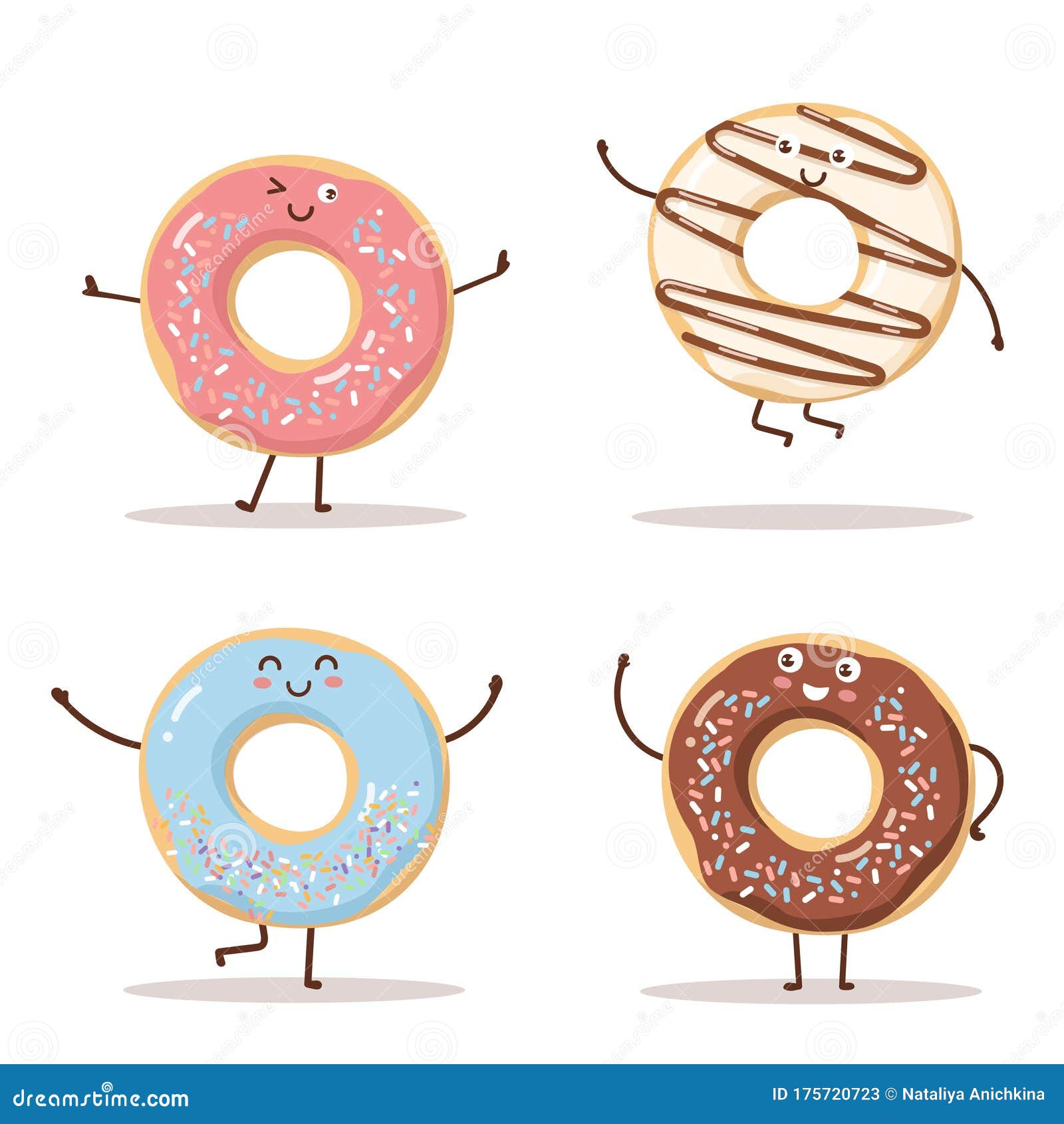 Set of Cute Happy Donuts in Trendy Kawaii Style. Stock Vector ...