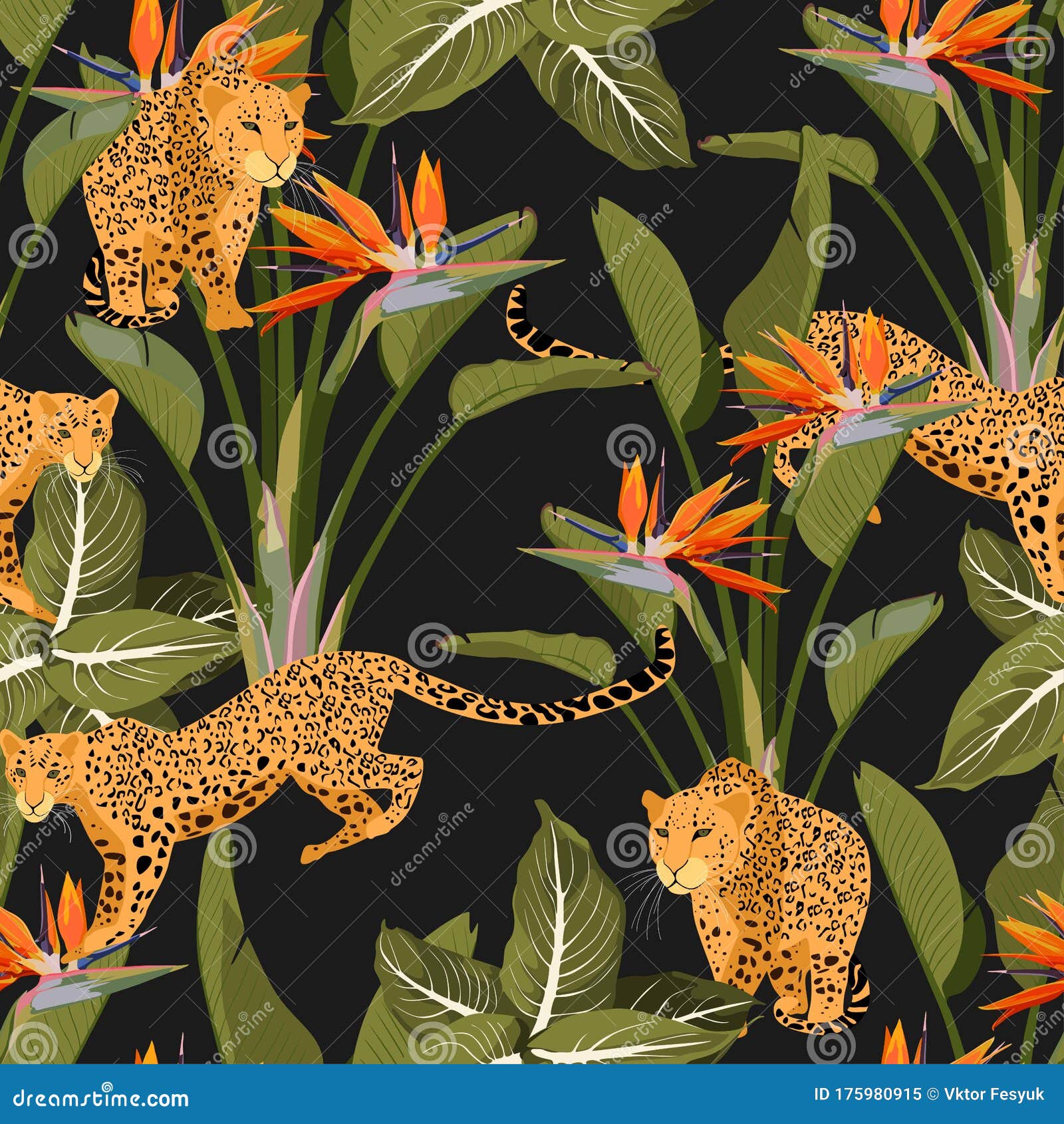 Seamless Tropical Safari Pattern Background with Leopard, Palms ...