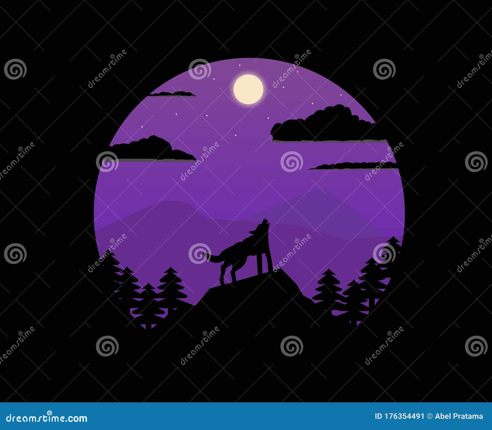 Forest and Mountain with Shouting Wolf at Midnight. Stock Vector ...