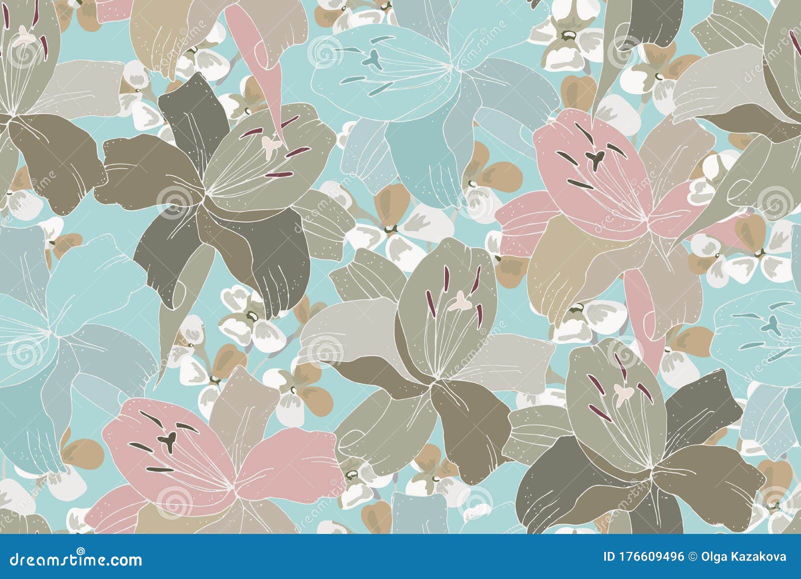 Vector Floral Seamless Pattern Delicate Pastel Lilies Isolated On