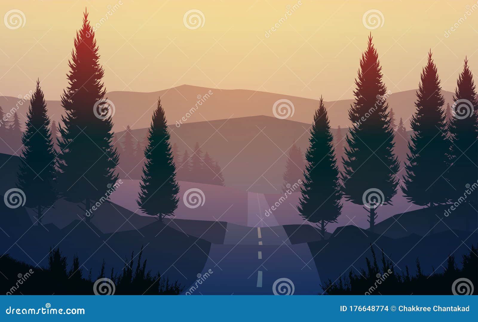 Natural Pine Trees Forest. Mountains Horizon Hills and the Route ...
