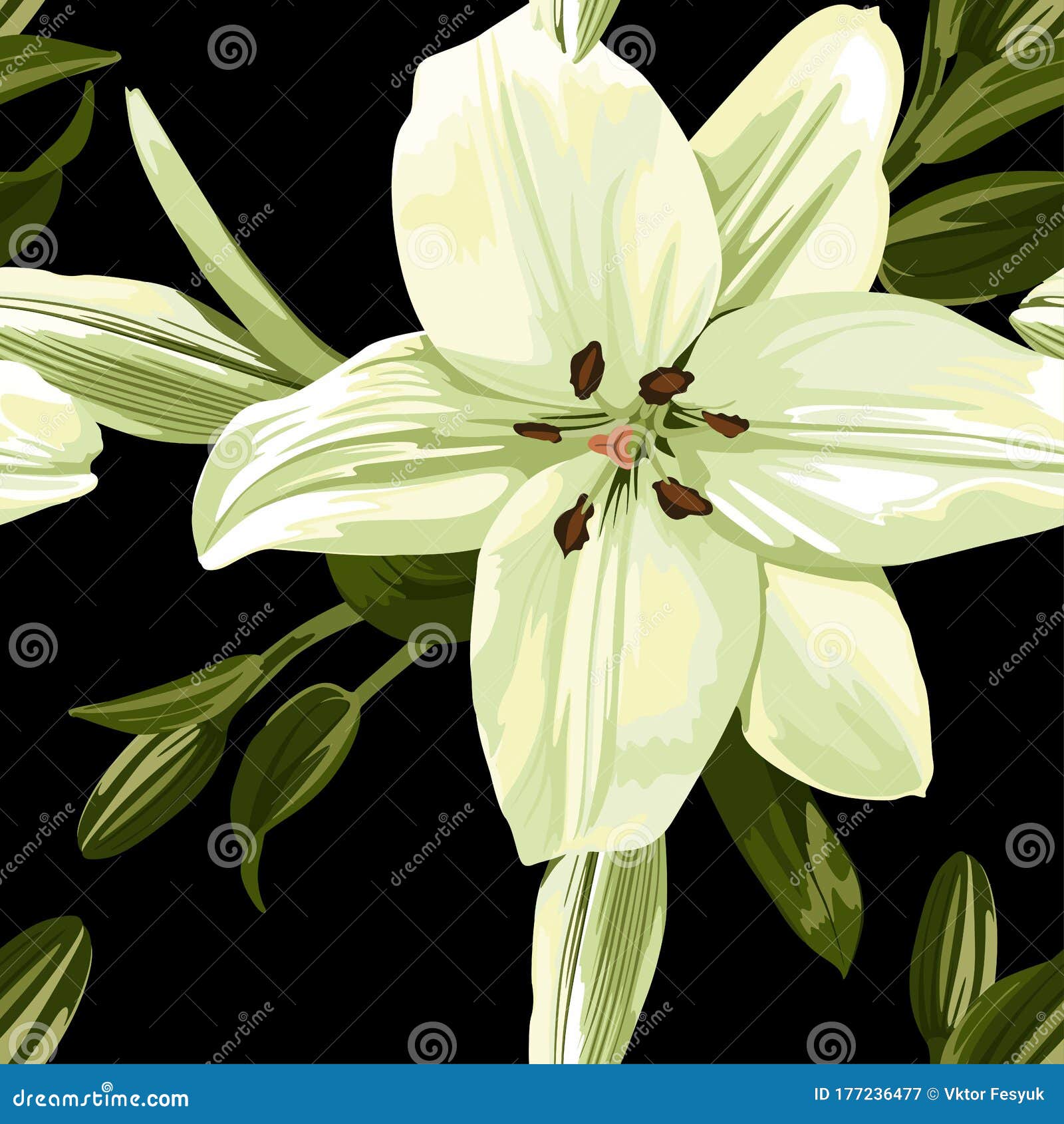 Beautiful White Lilies Flowers. Seamless Pattern on Black Background ...