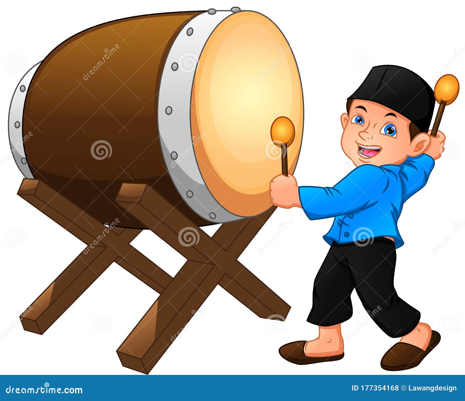 Muslim Boy Hitting Bedug To Prayer Time Marker Or Fasting Time In ...