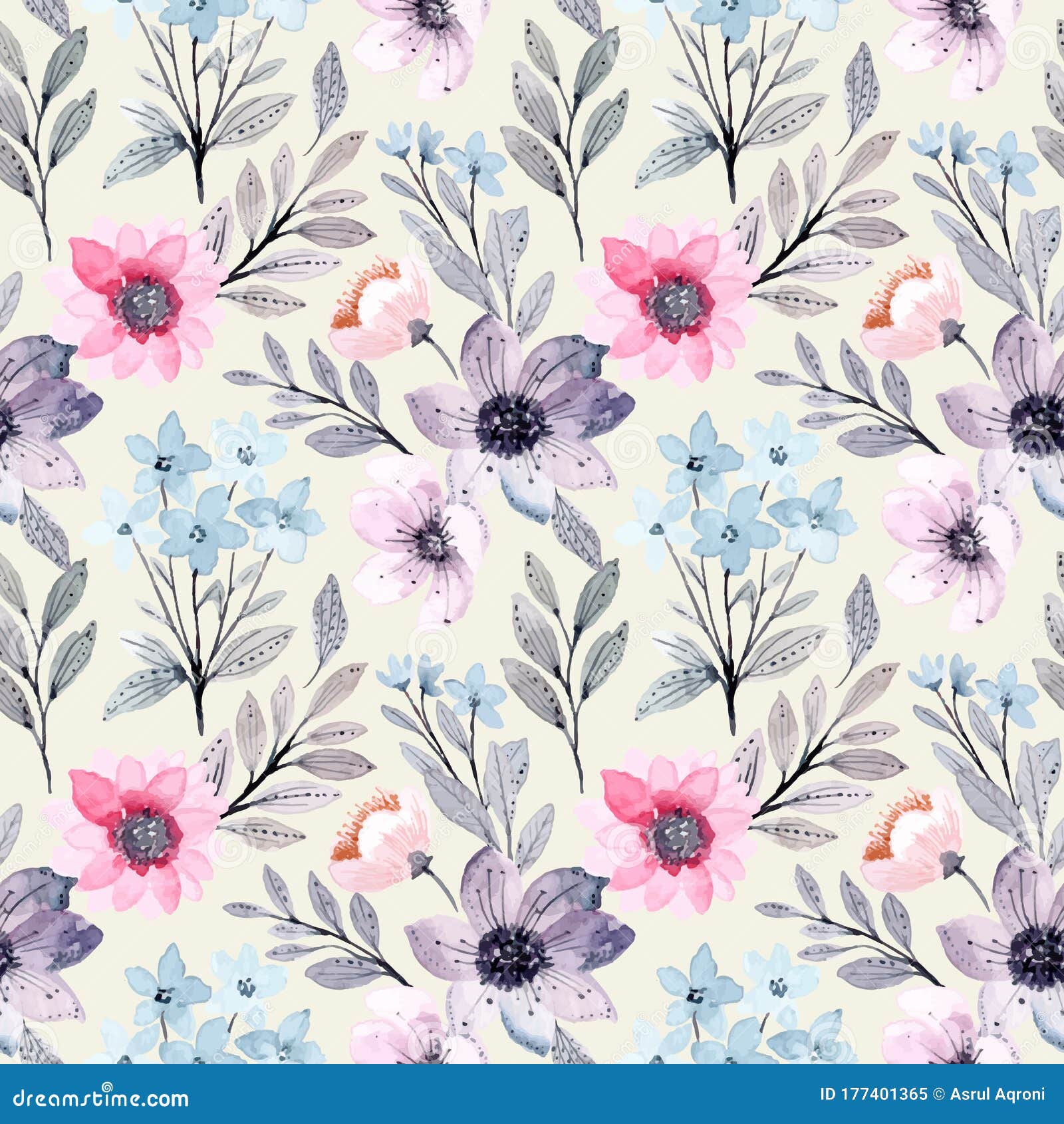 Soft Blue Purple Floral Watercolor Seamless Pattern Stock Illustration ...