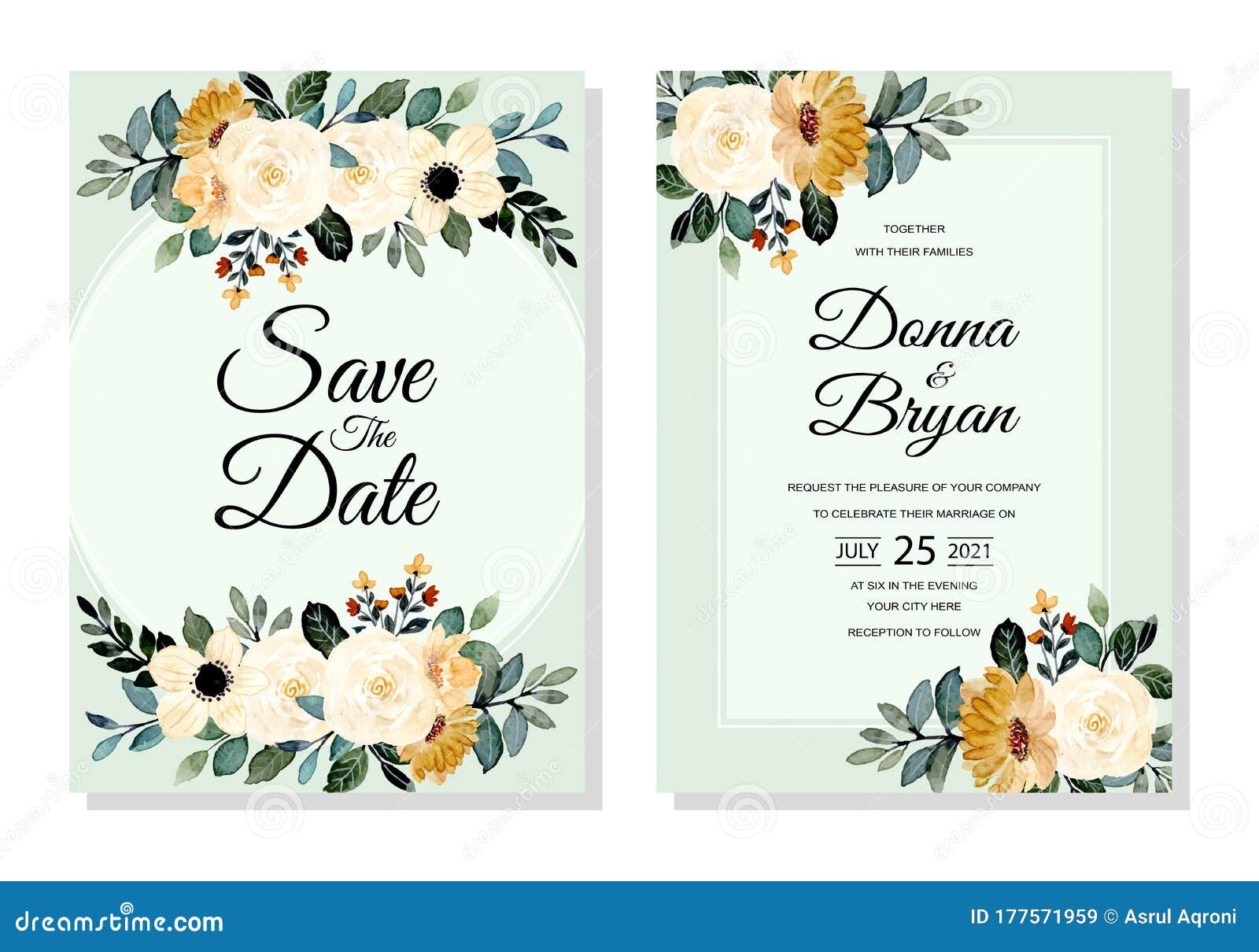 Wedding Invitation Card with Green Yellow Floral Watercolor Background ...