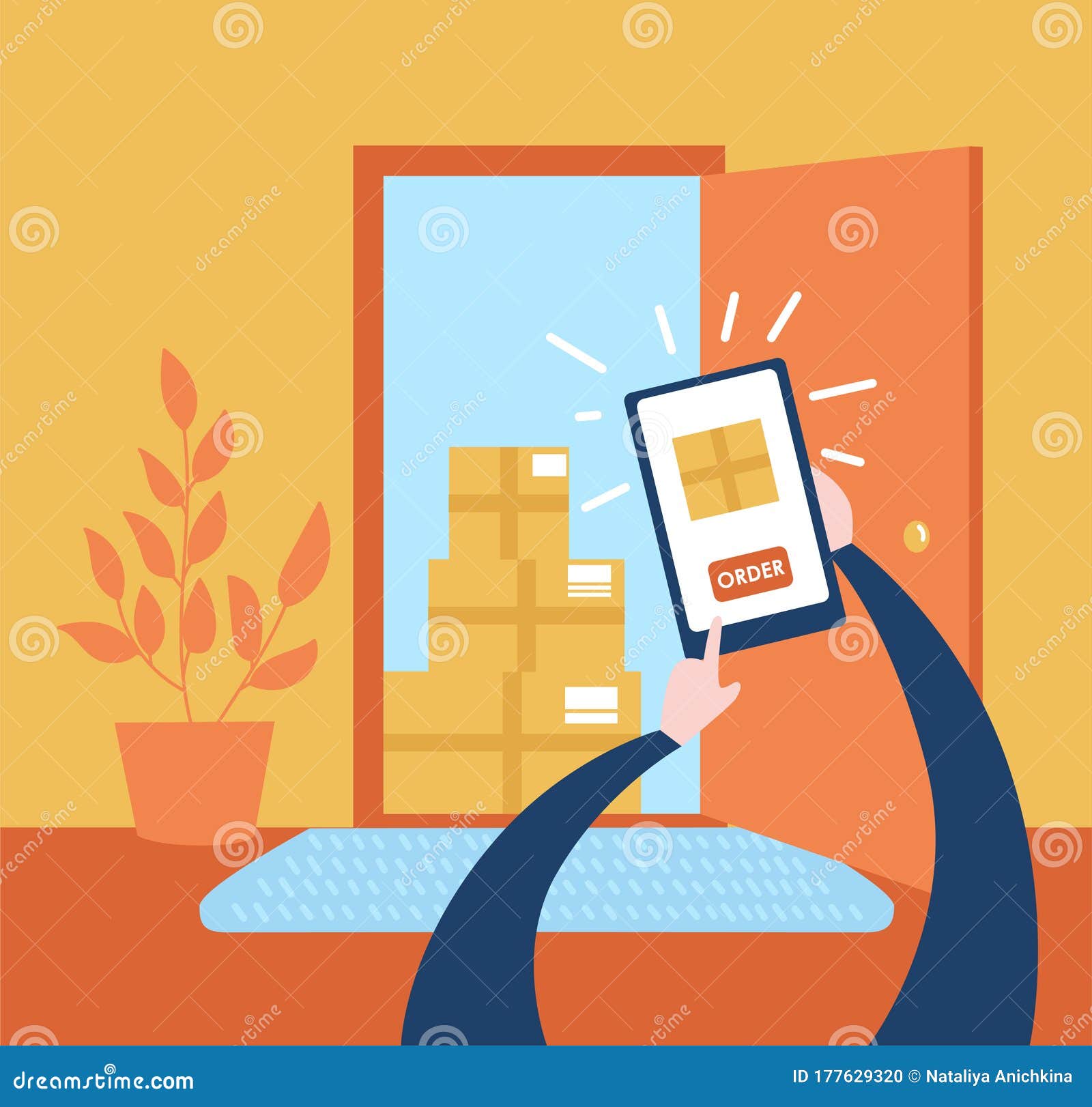 Vector Illustration Order No Contact Delivery. Person Makes Purchase ...