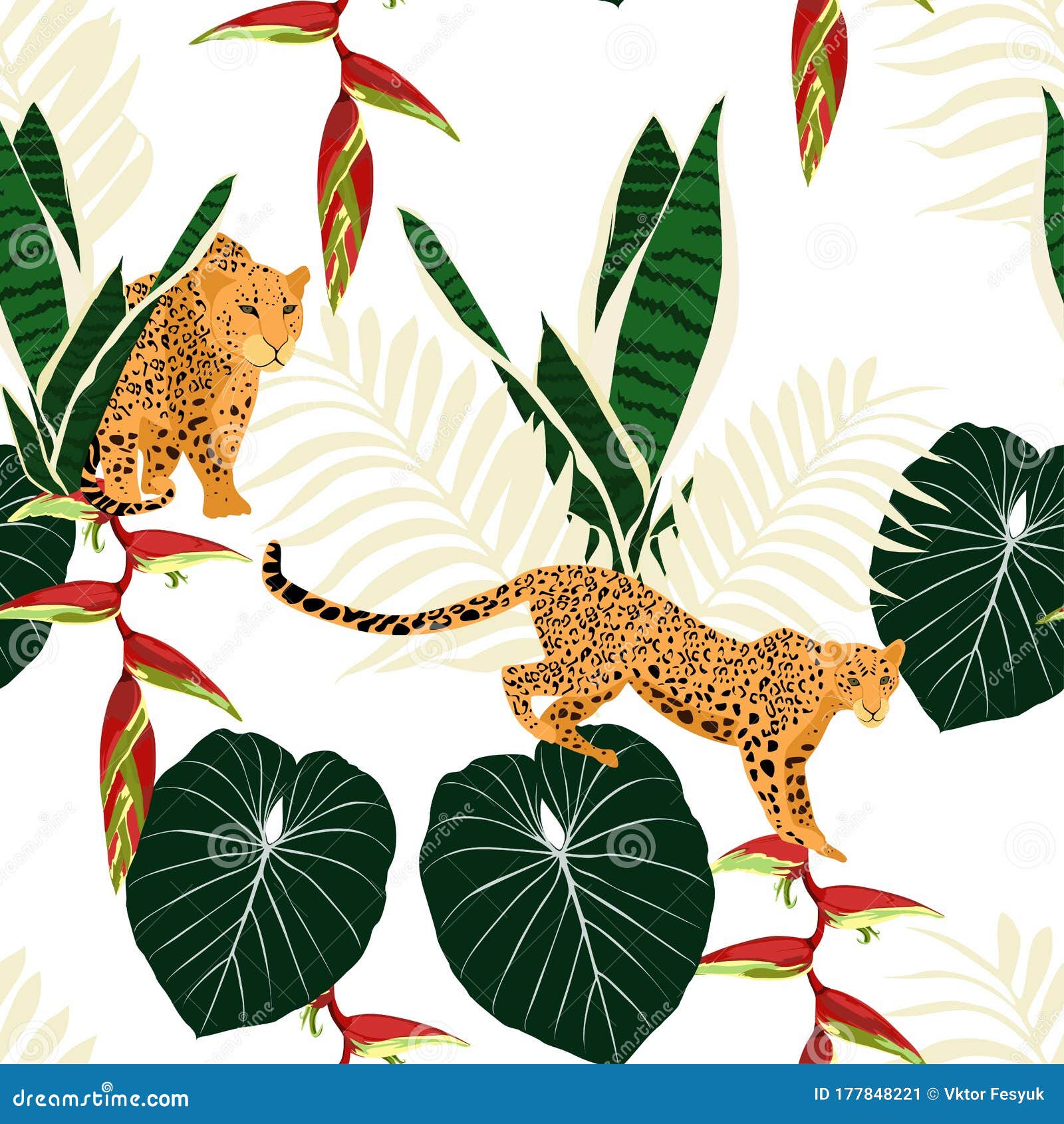 Seamless Pattern with Leopards, Tropical Leaves and Paradise Flowers ...