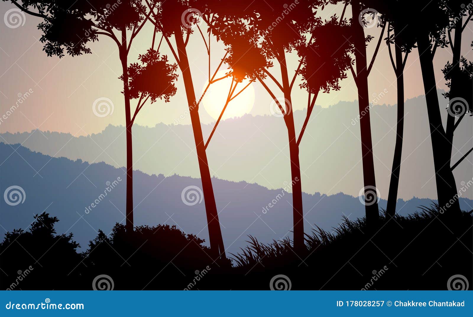 Natural Forest Mountains Horizon Hills Silhouettes of Trees. Evening ...