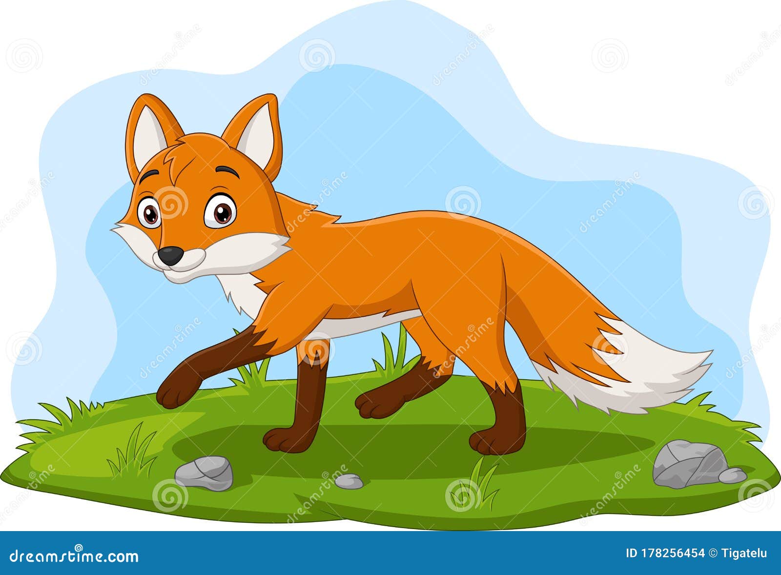 Cartoon Happy Fox Walking in the Grass Stock Vector - Illustration of ...