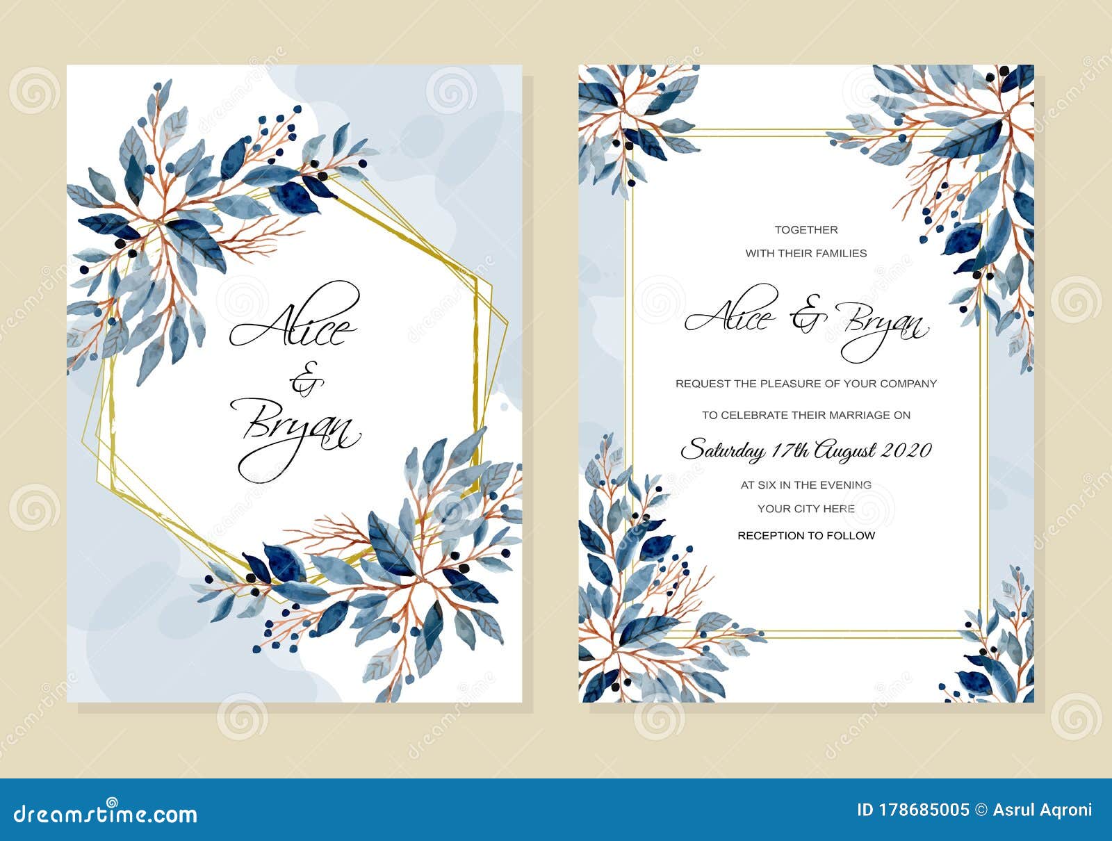 Wedding Invitation Card with Blue Leaves Watercolor Stock Illustration ...