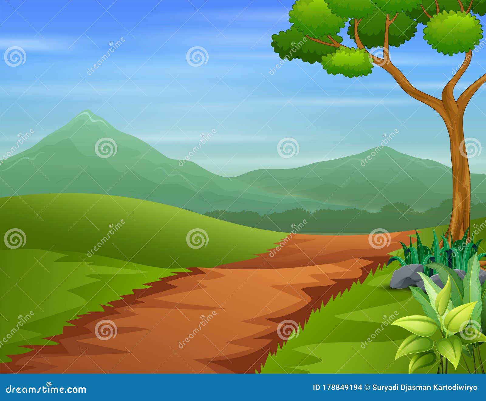 A Pathway Going Through Lush Green Outfield With Trees And Hills ...