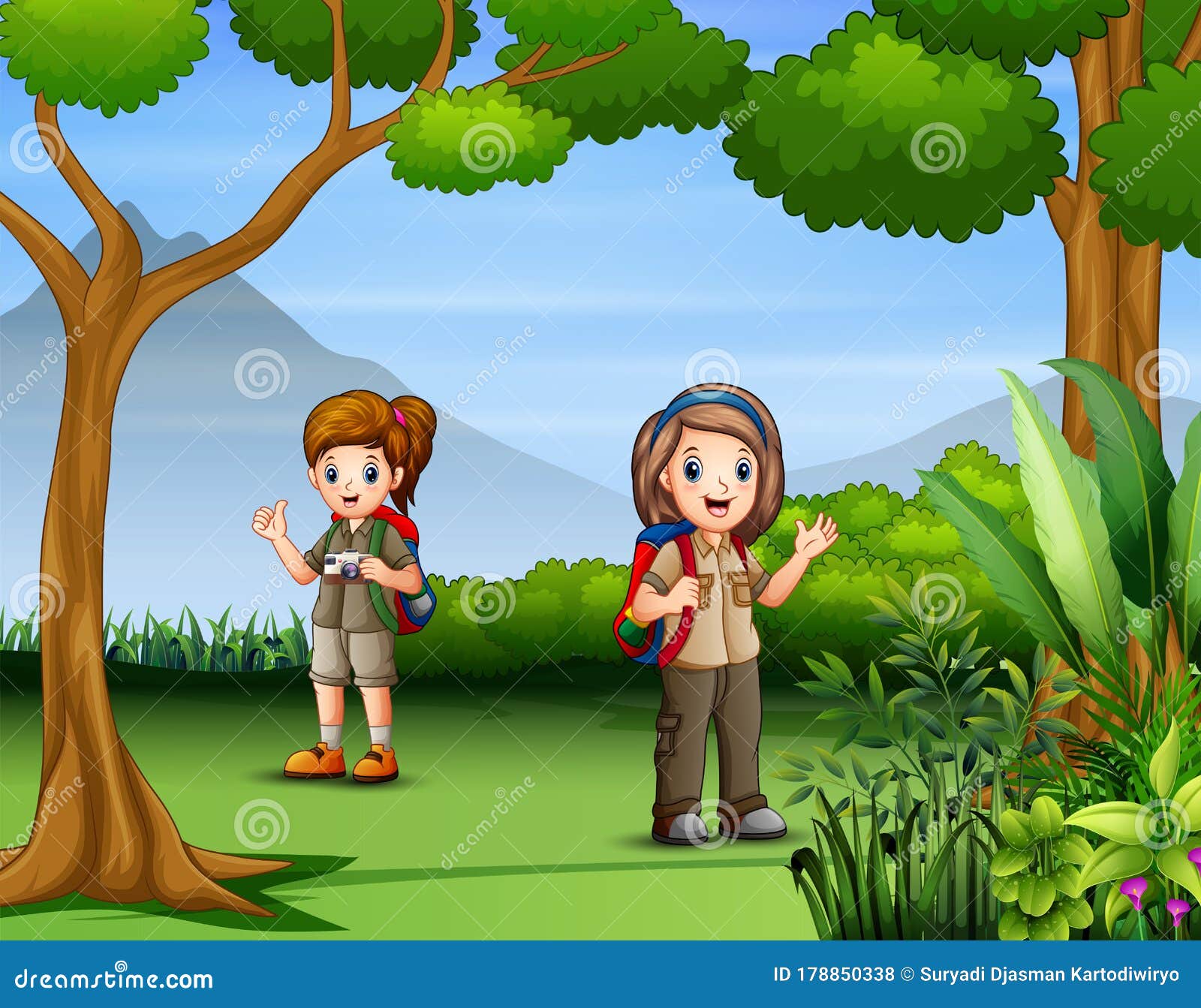 Explore Forest Banner With Man Traveler In Woods Cartoon Vector ...