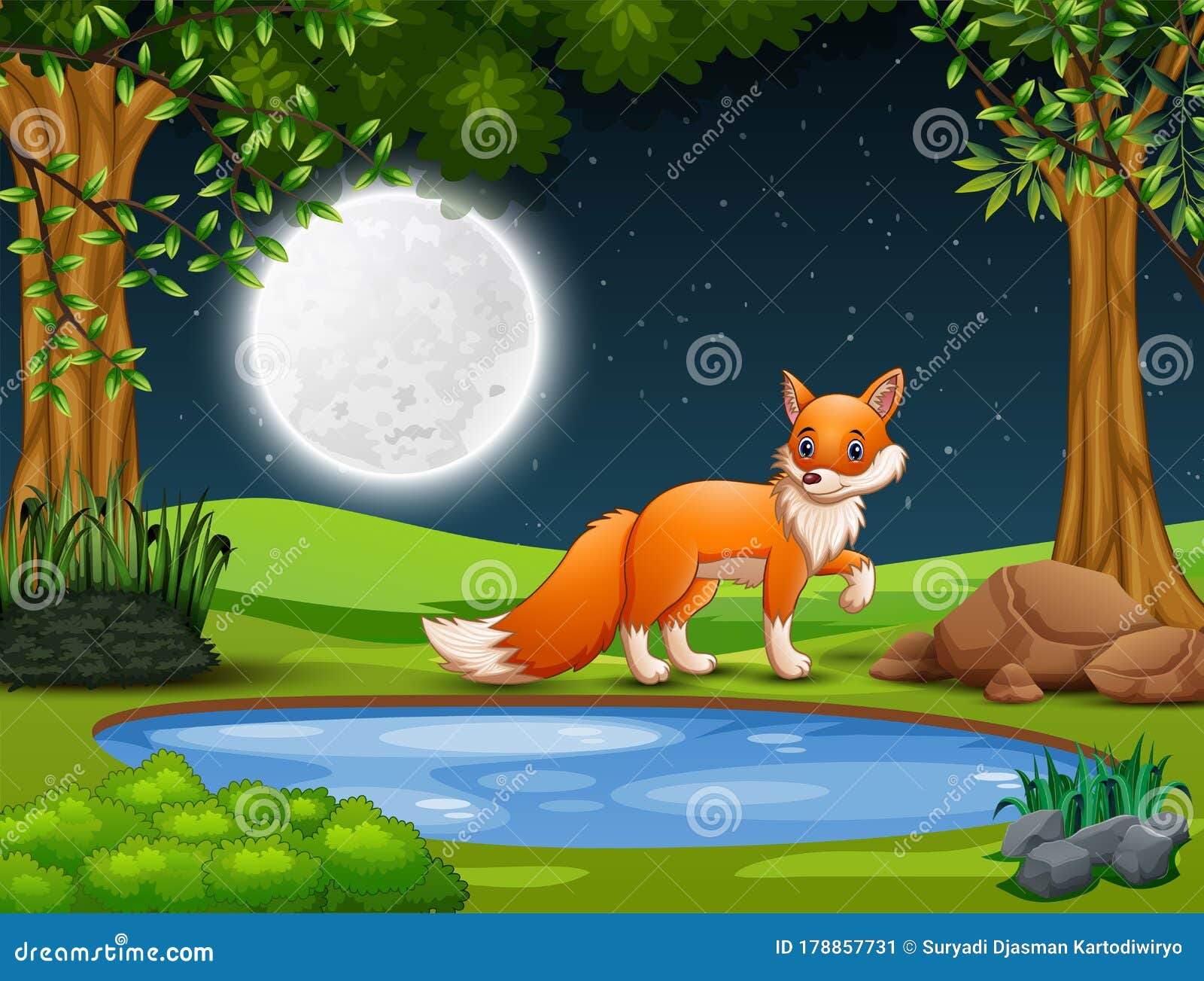 A Fox Looking for Prey at Night Stock Illustration - Illustration of ...