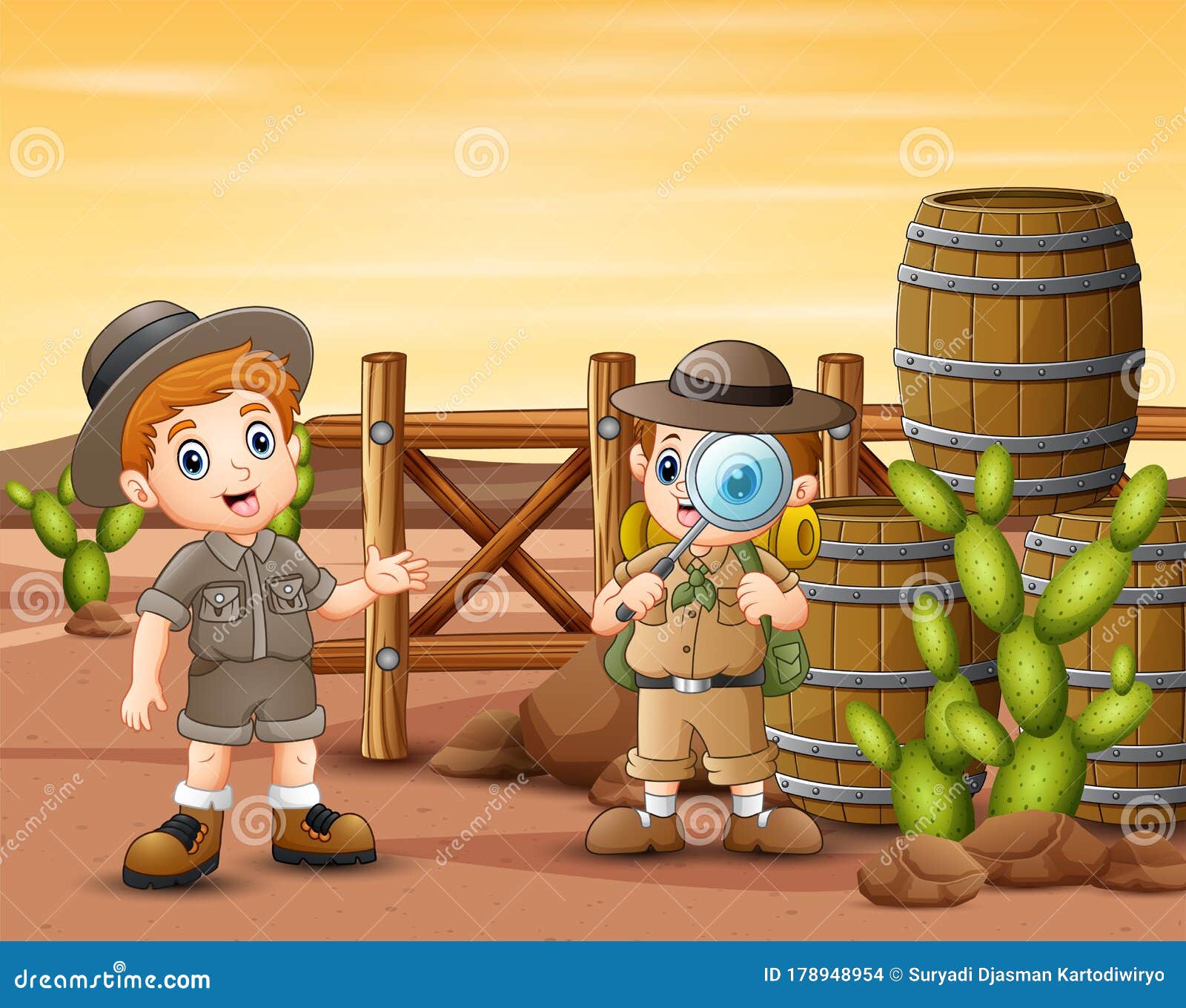 Desert Scene with Two Explorer Boys Stock Vector - Illustration of ...