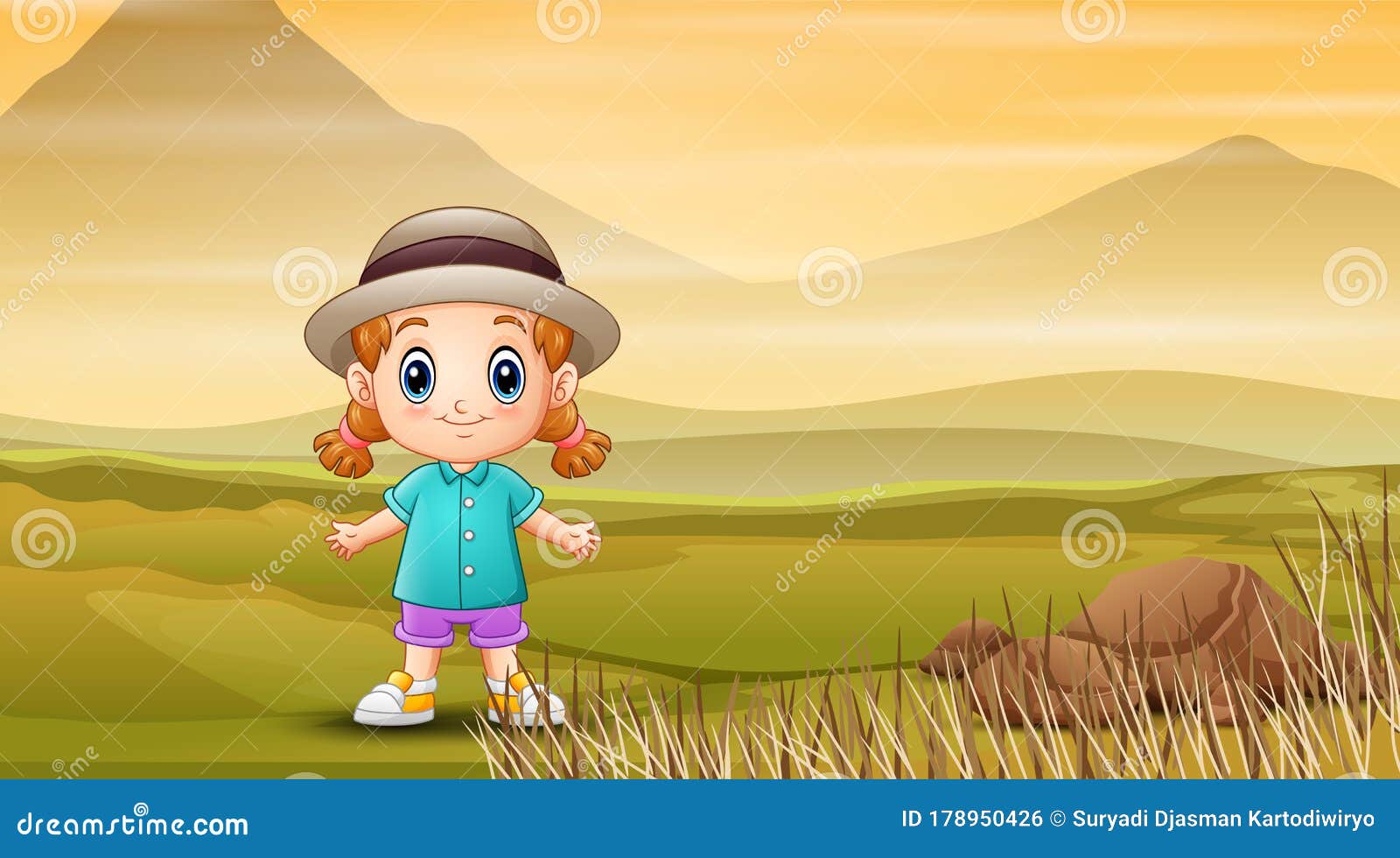 Little Girl in the Green Field Stock Vector - Illustration of beautiful ...