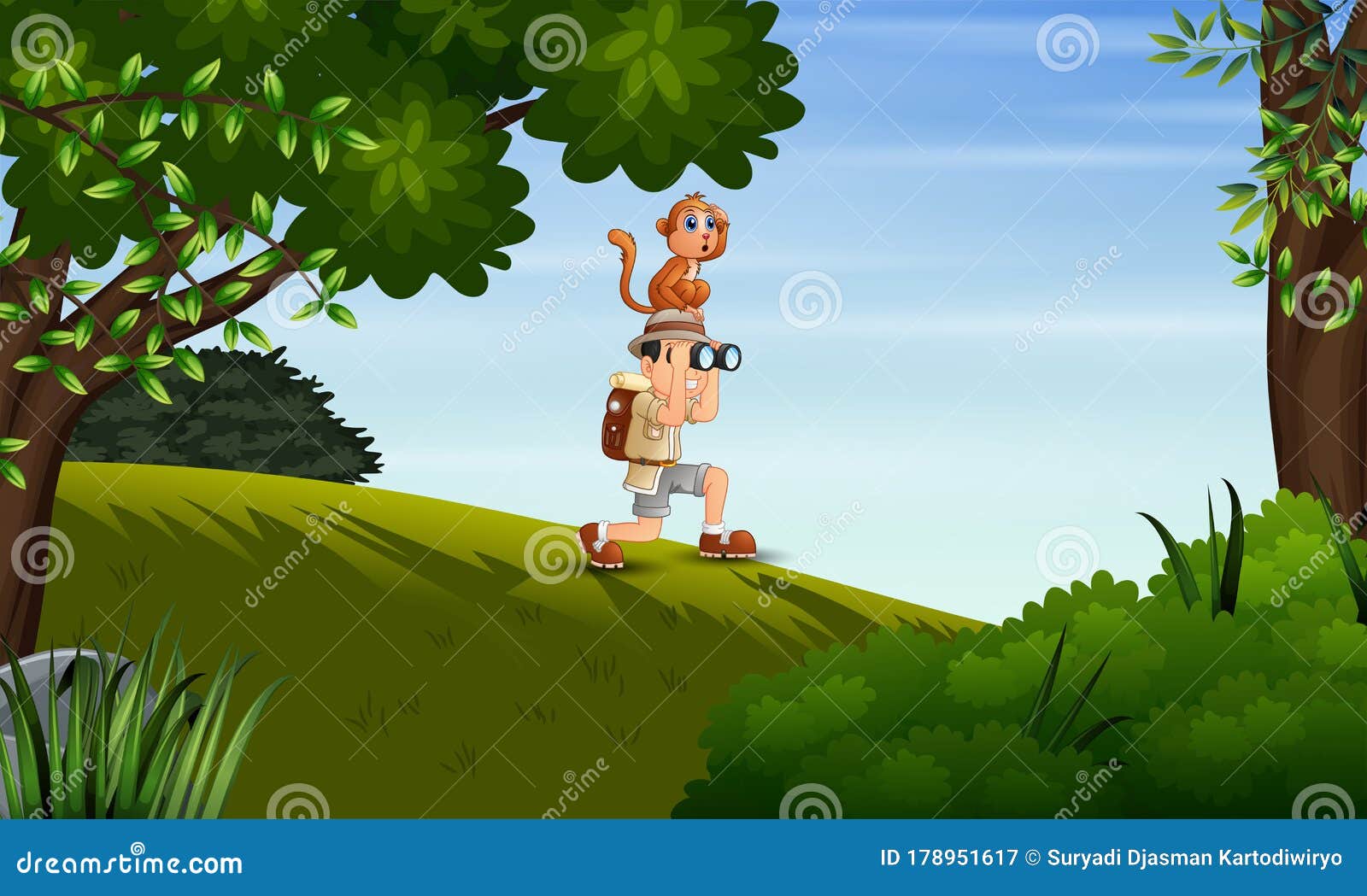 The Explorer Boy with His Monkey in the Jungle Stock Illustration ...