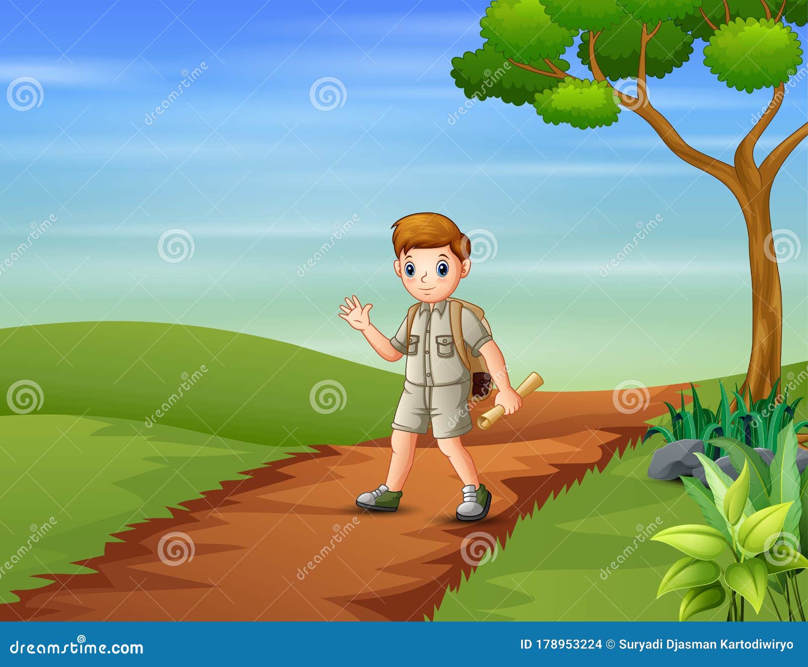 Scout Boy Walk Down the Hill Stock Illustration - Illustration of ...