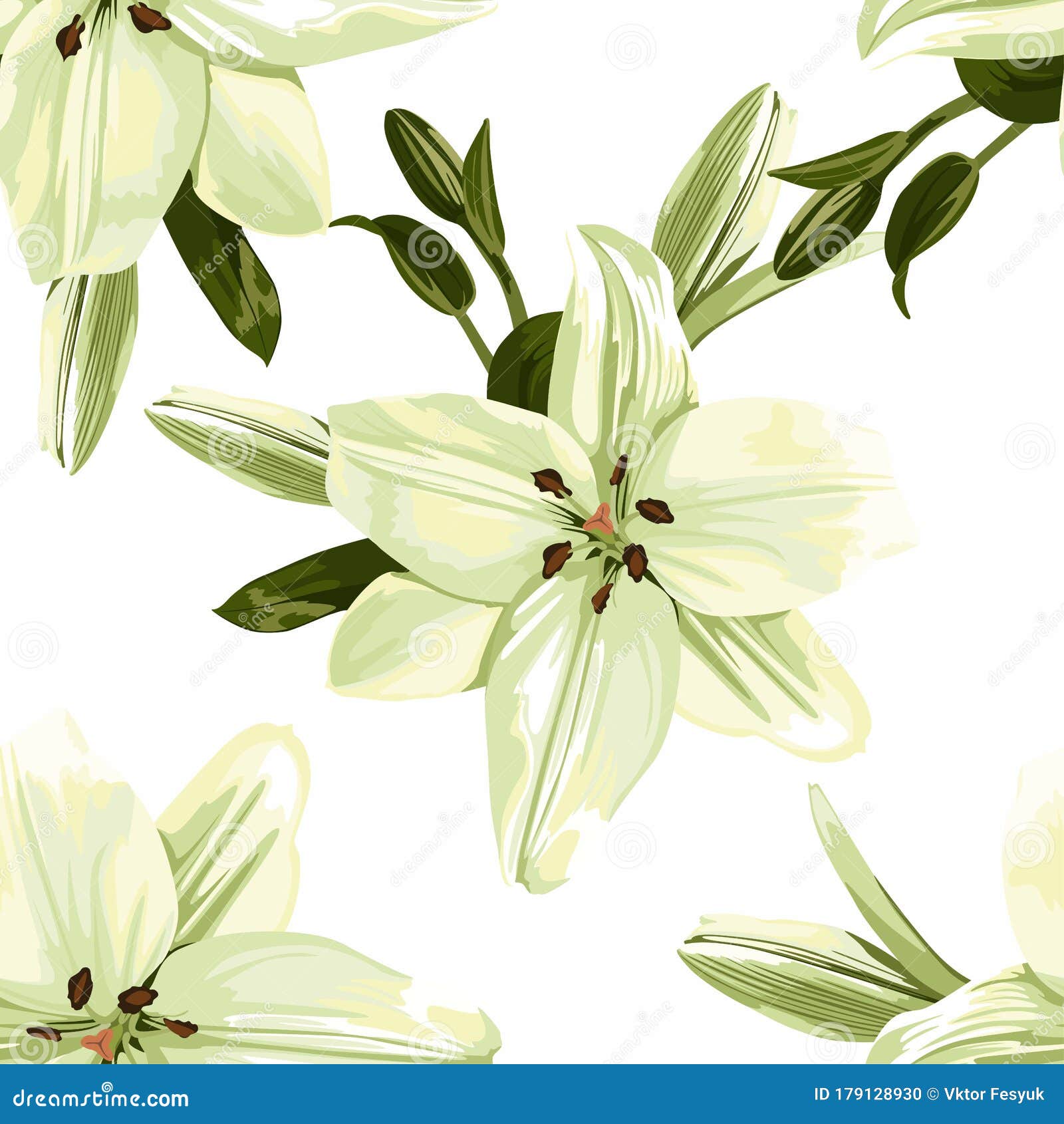Beautiful Lime Lilies Flowers. Seamless Pattern on White Background ...