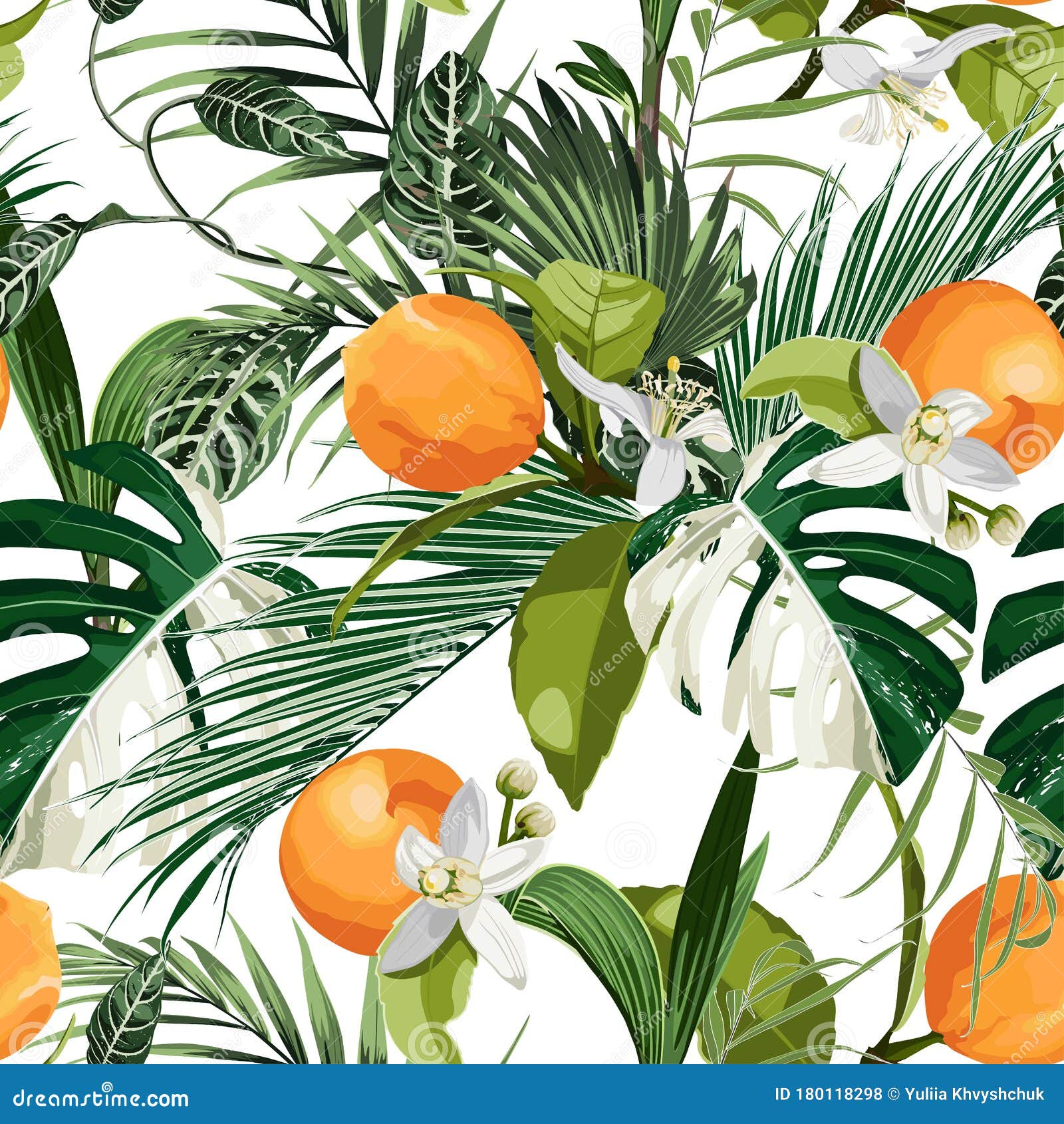 Citrus Seamless Pattern with Orange Fruit Branch with Flowers and ...