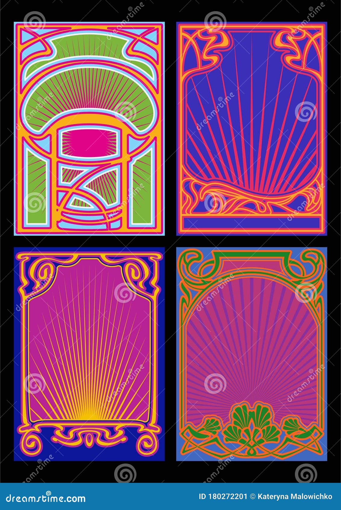 Psychedelic Art Nouveau Frame Set Stock Illustration - Illustration of ...