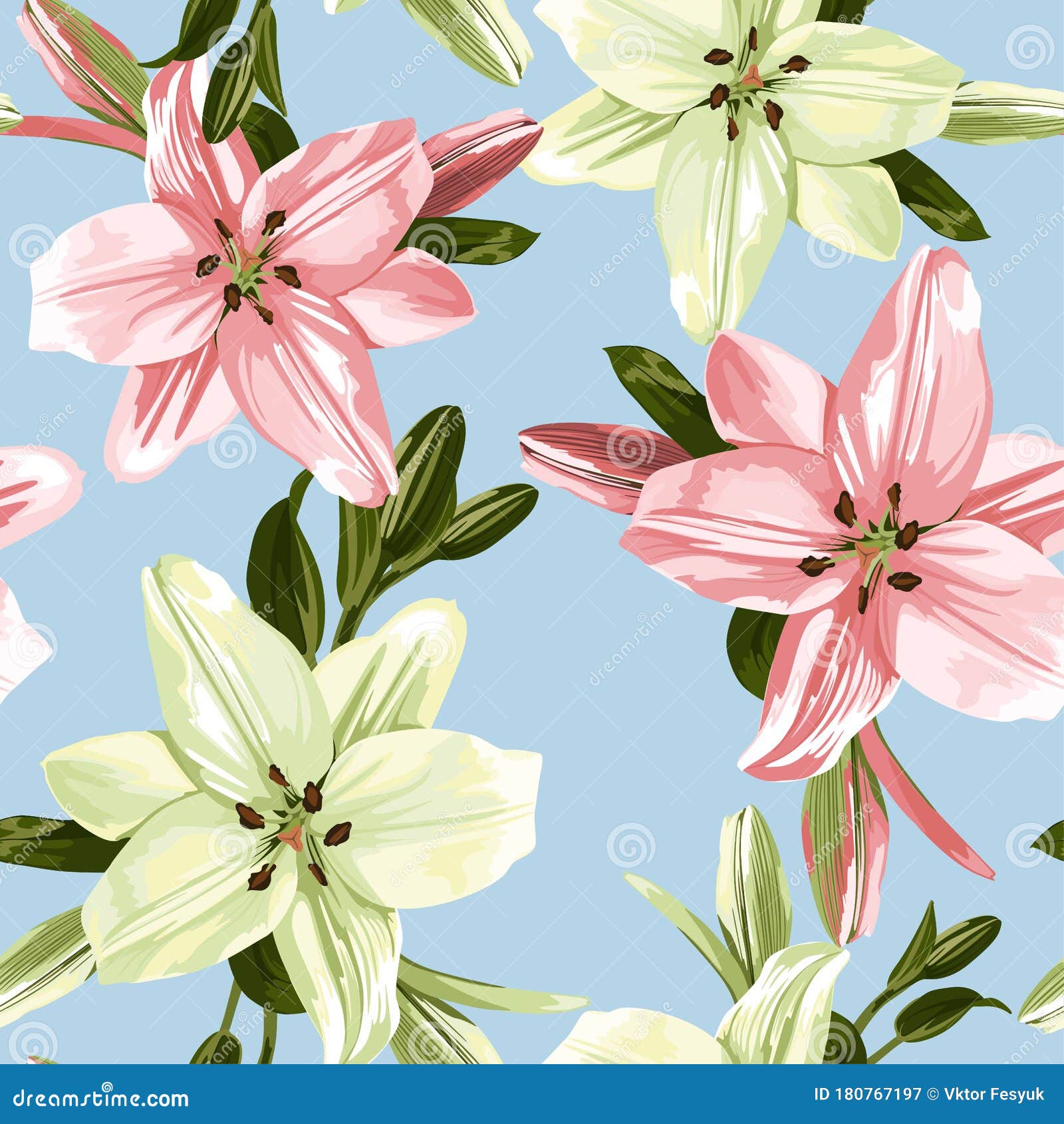 Beautiful Lime Pink Lilies Flowers. Seamless Pattern on Blue Background ...