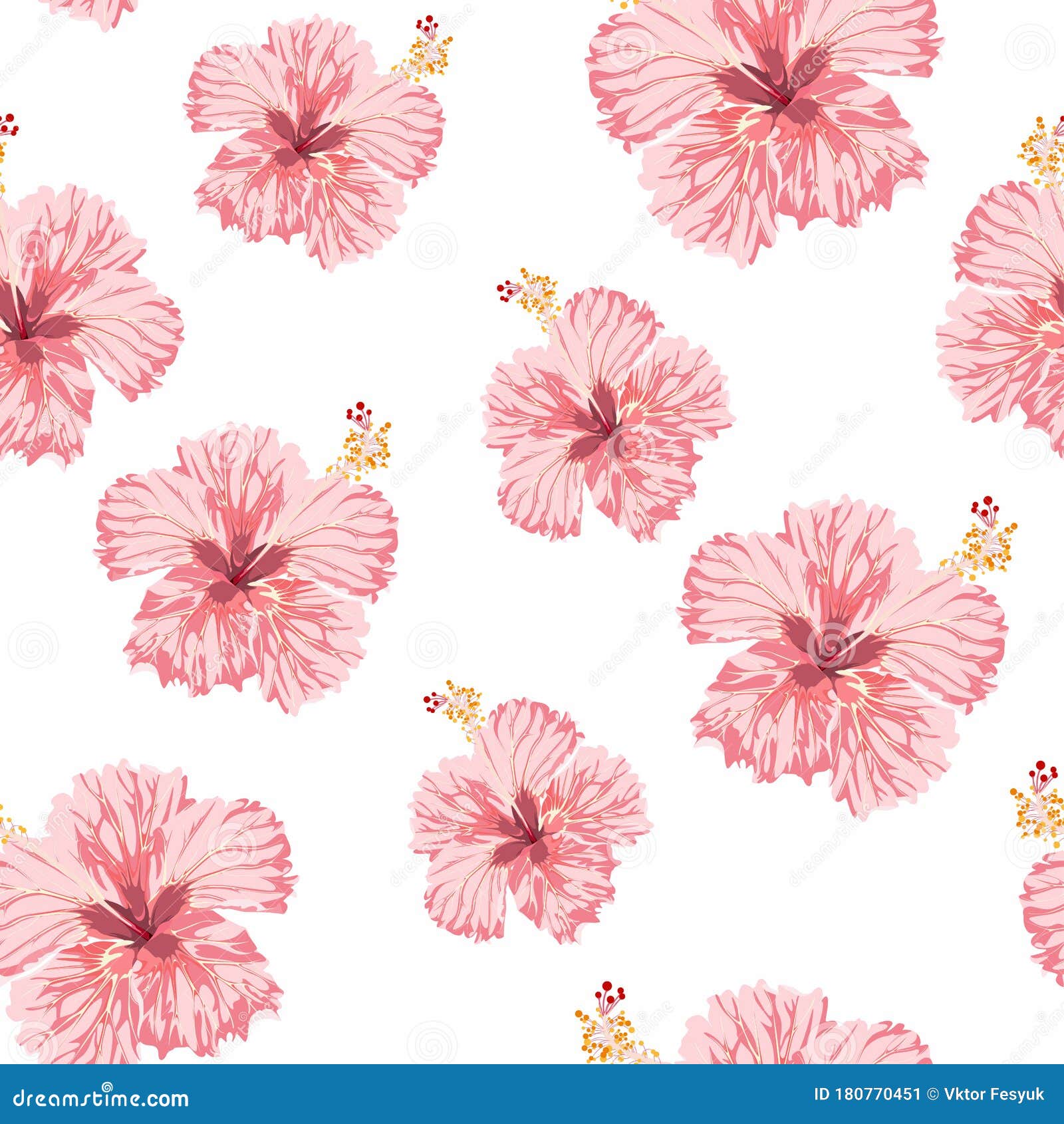 Pink Hibiscus Flowers on the White Background. Seamless Pattern ...