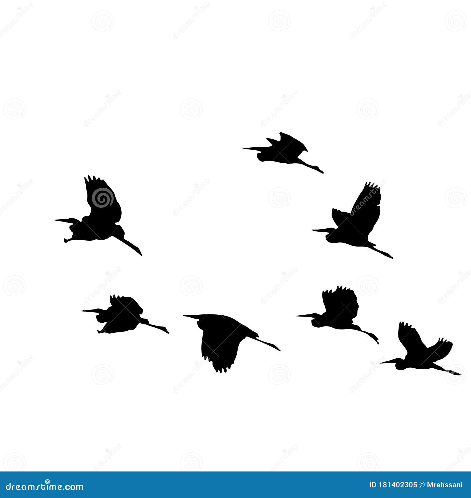 The Silhouette Vector Illustration of Flying Egret Heron Bird Flock in ...