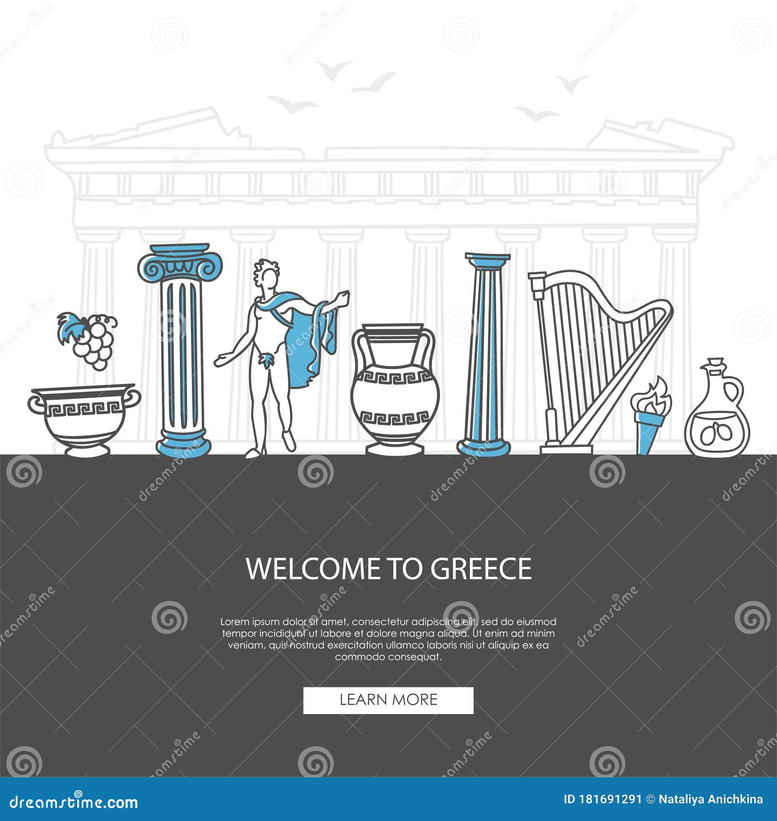 Welcome To Greece. Vector Illustration of Famous Greek Symbols Stock ...