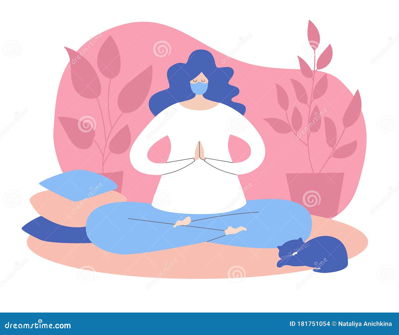 Woman in Face Mask Meditates at Home. Stock Vector - Illustration of ...