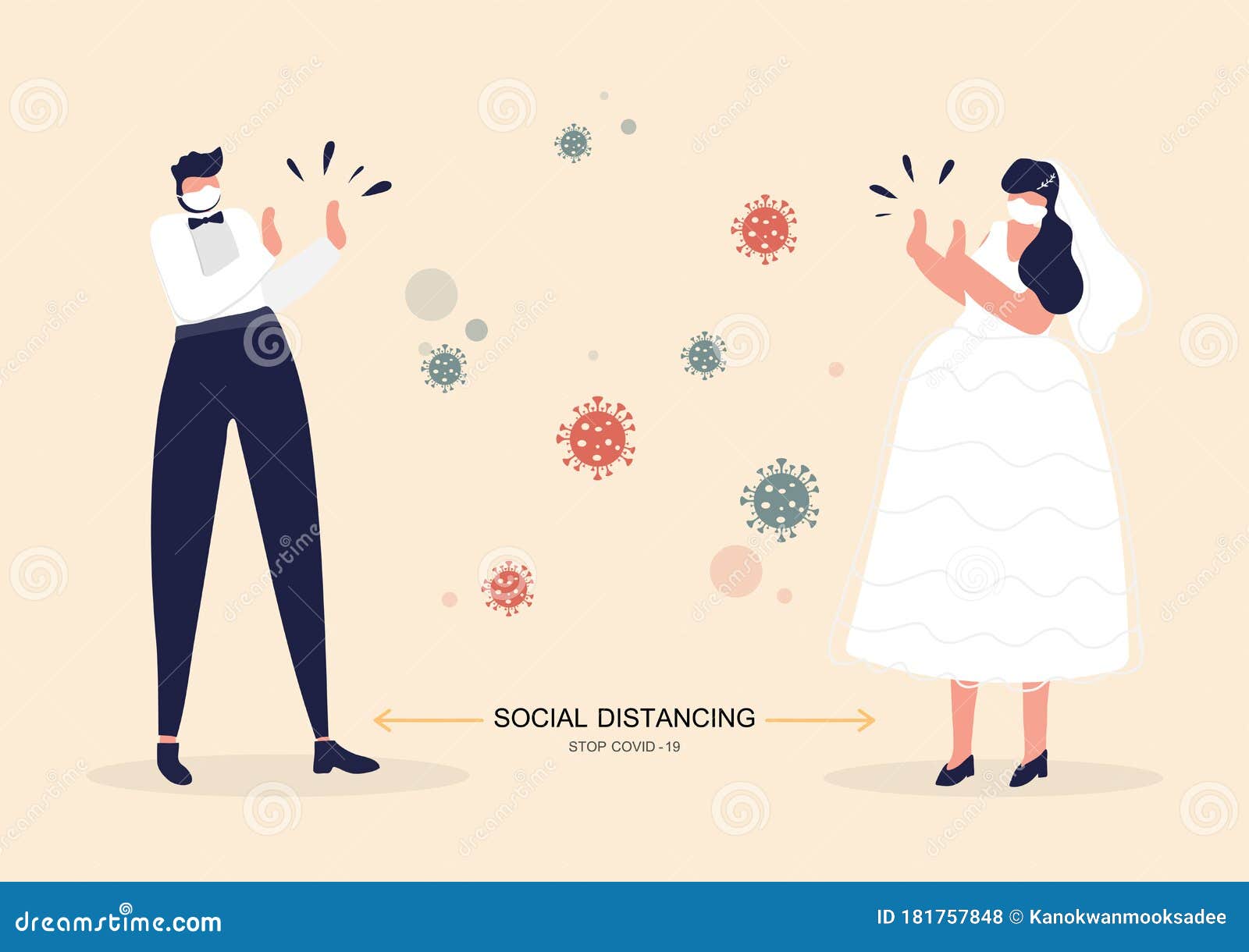 Concept Social Distancing. Cartoon Characters, Men and Women Wear ...