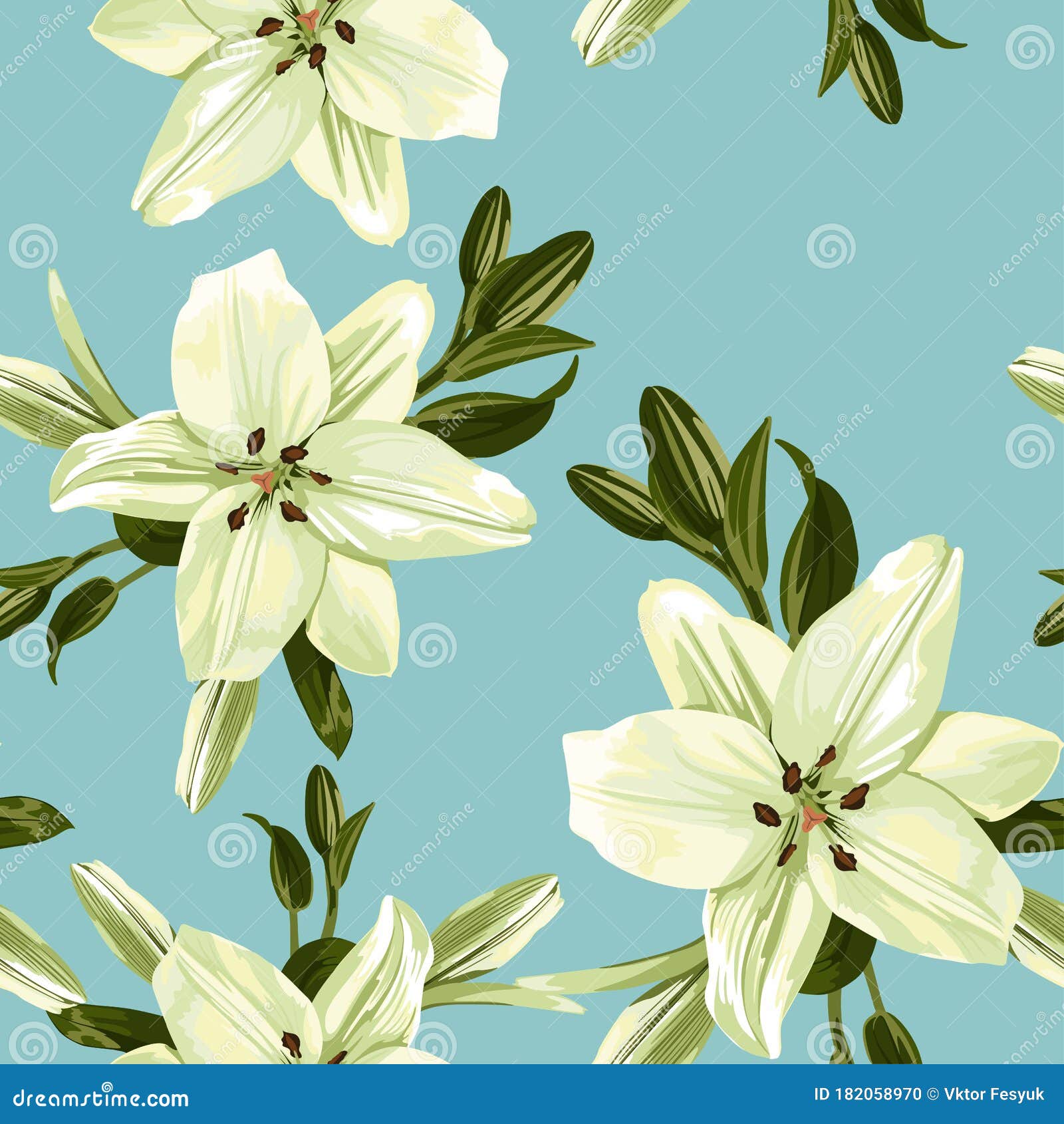 Beautiful Lime Lilies Flowers. Seamless Vintage Pattern on Blue ...