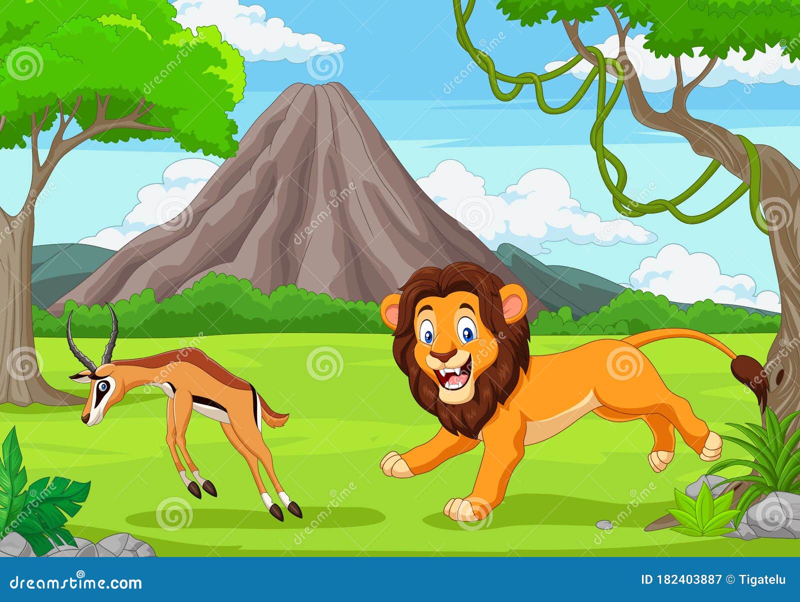 The Lion is Chasing an Impala in an African Savanna Stock Vector ...