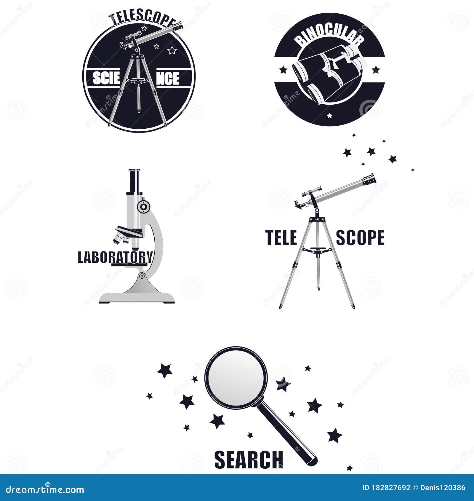 The Emblem of the Optical Devices. Telescope, Binoculars, Microscope ...