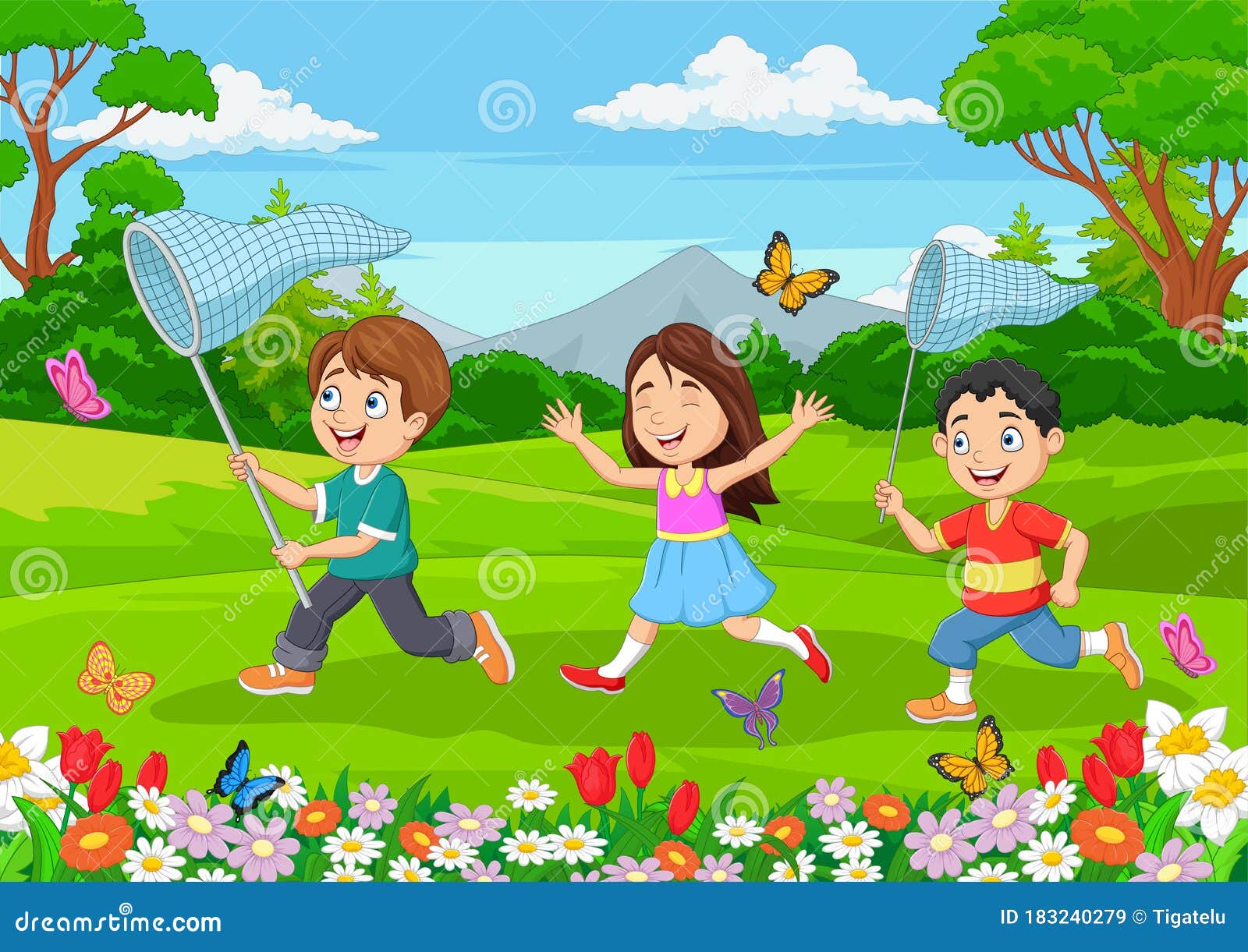 Children Catching a Butterfly in the Park Stock Vector - Illustration ...