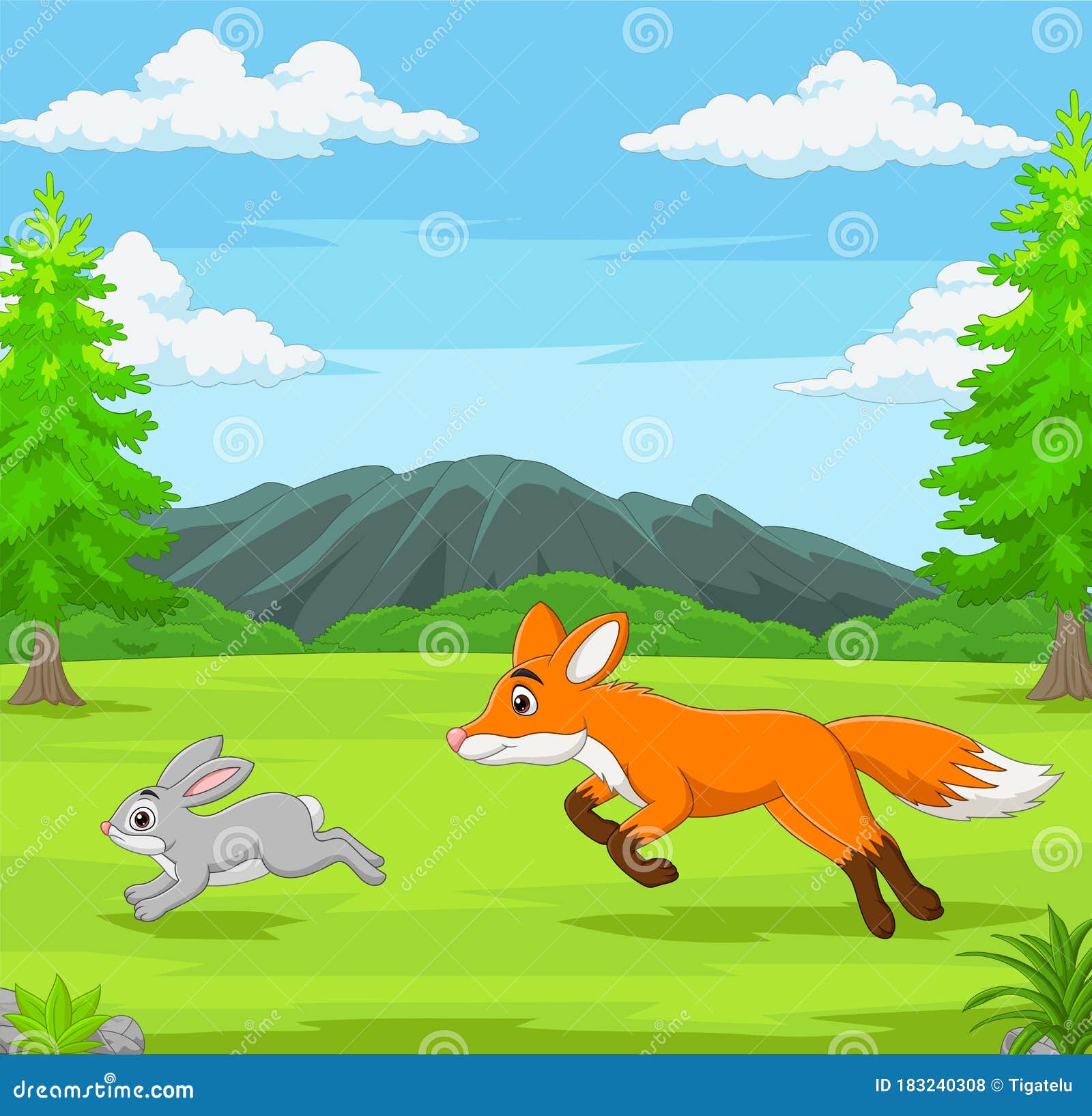 The Fox is Chasing a Rabbit in an African Savanna Stock Vector ...