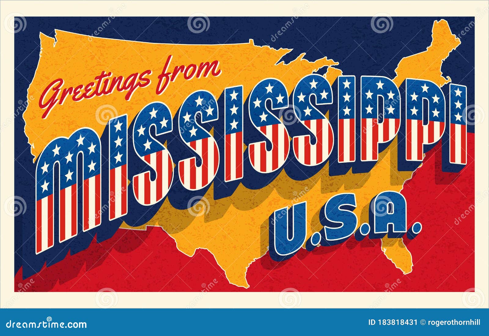 Mississippi USA. Retro Style Postcard with Patriotic Stars and Stripes ...