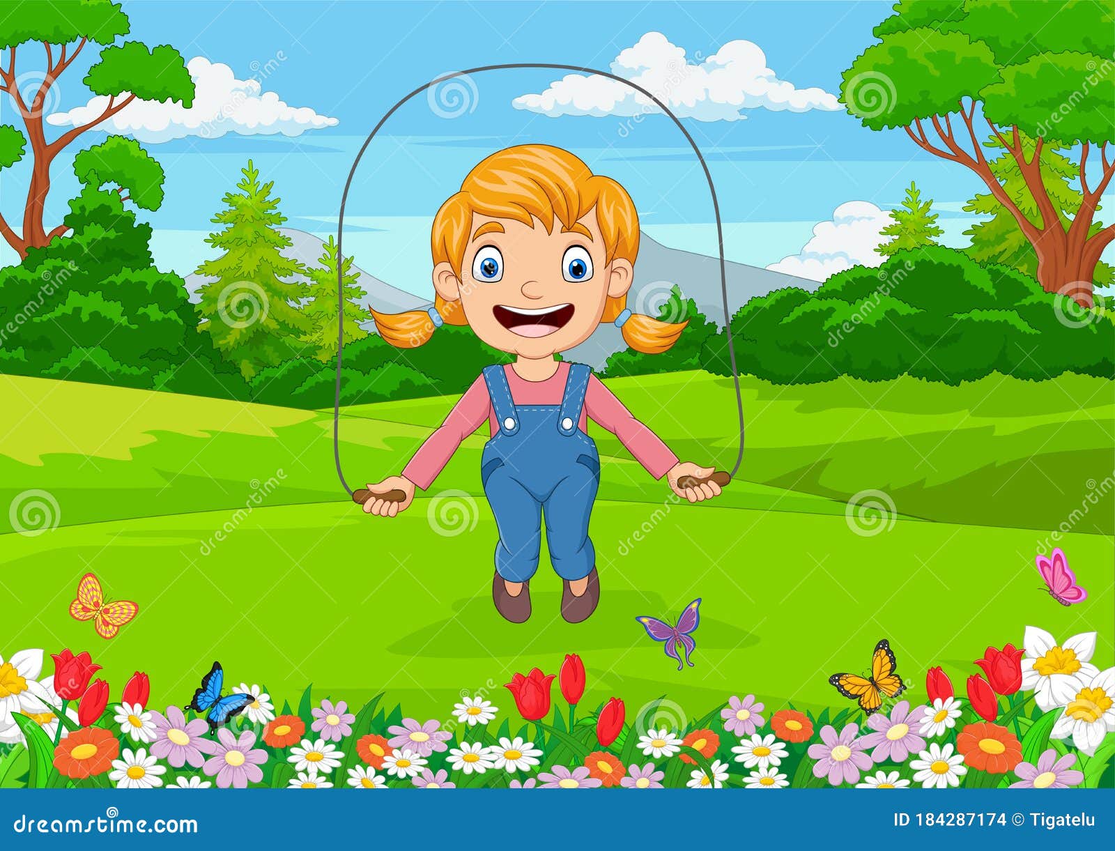 Cartoon Little Girl Playing Jump Rope in the Park Stock Vector ...