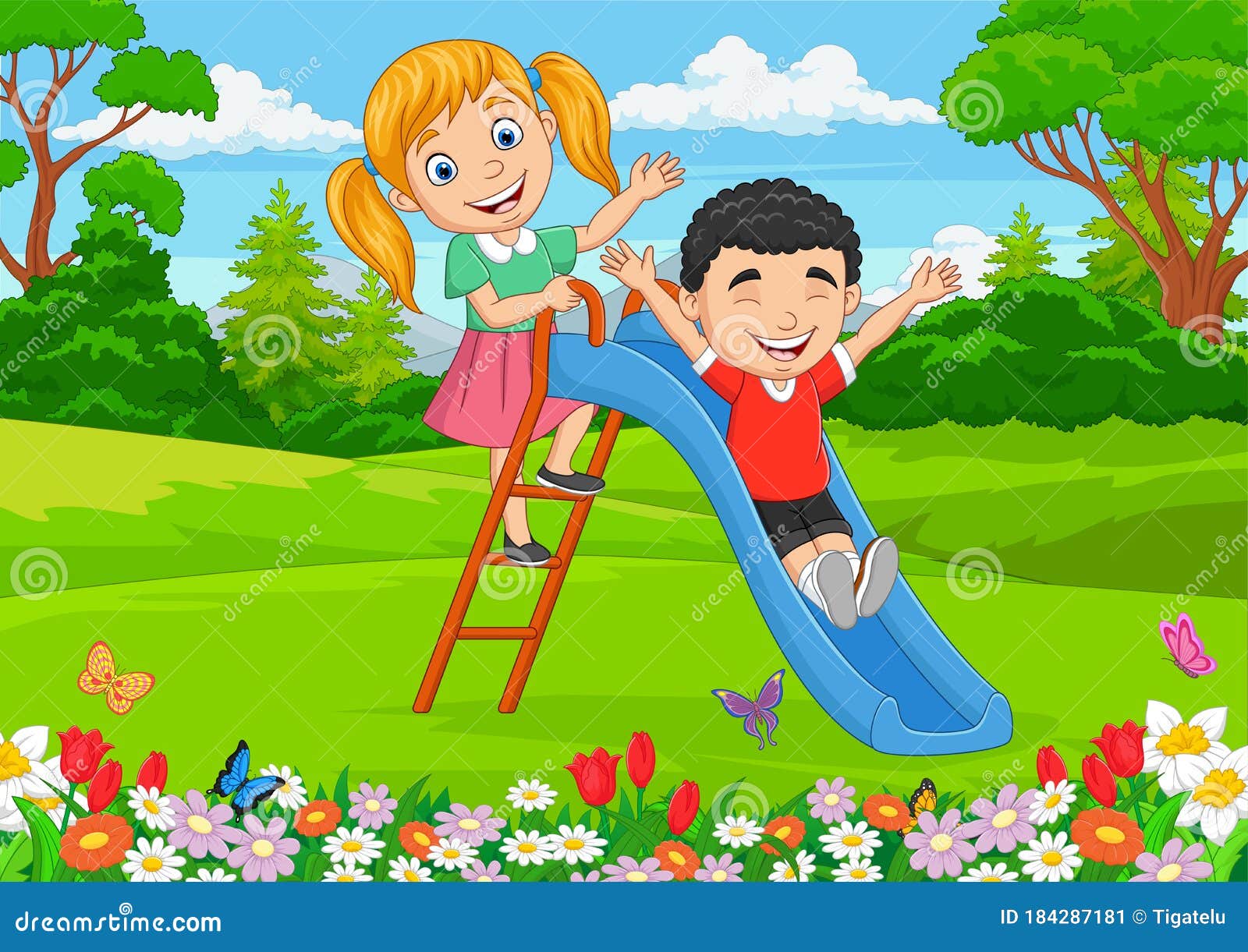 Cartoon Little Kids Playing Sliding Down in the Park Stock Vector ...
