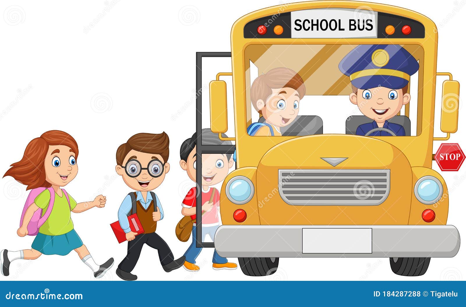 Cartoon Happy Children Boarding A School Bus Vector Illustration ...