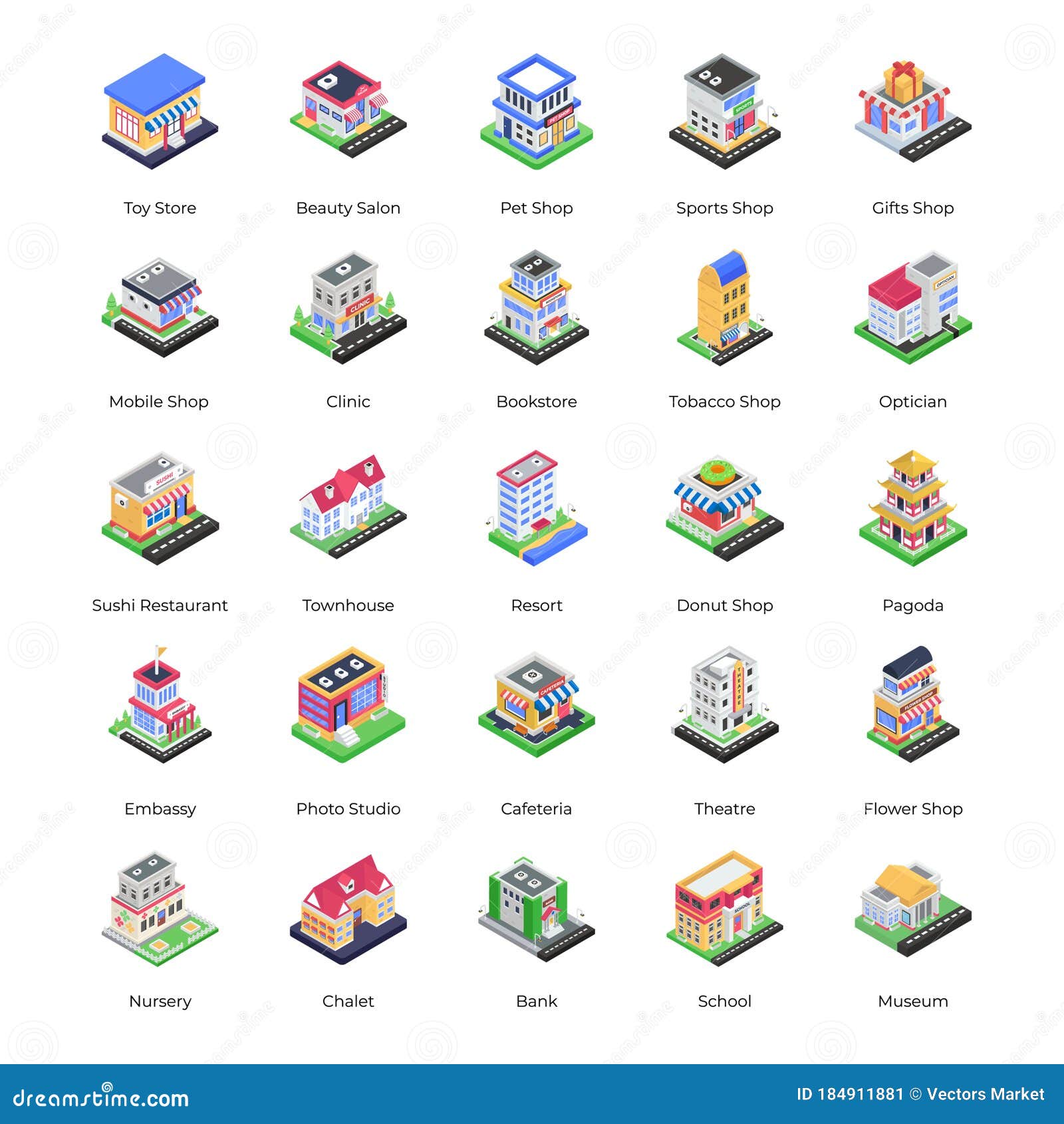 Pack of Buildings Isometric Icons Stock Vector - Illustration of market ...