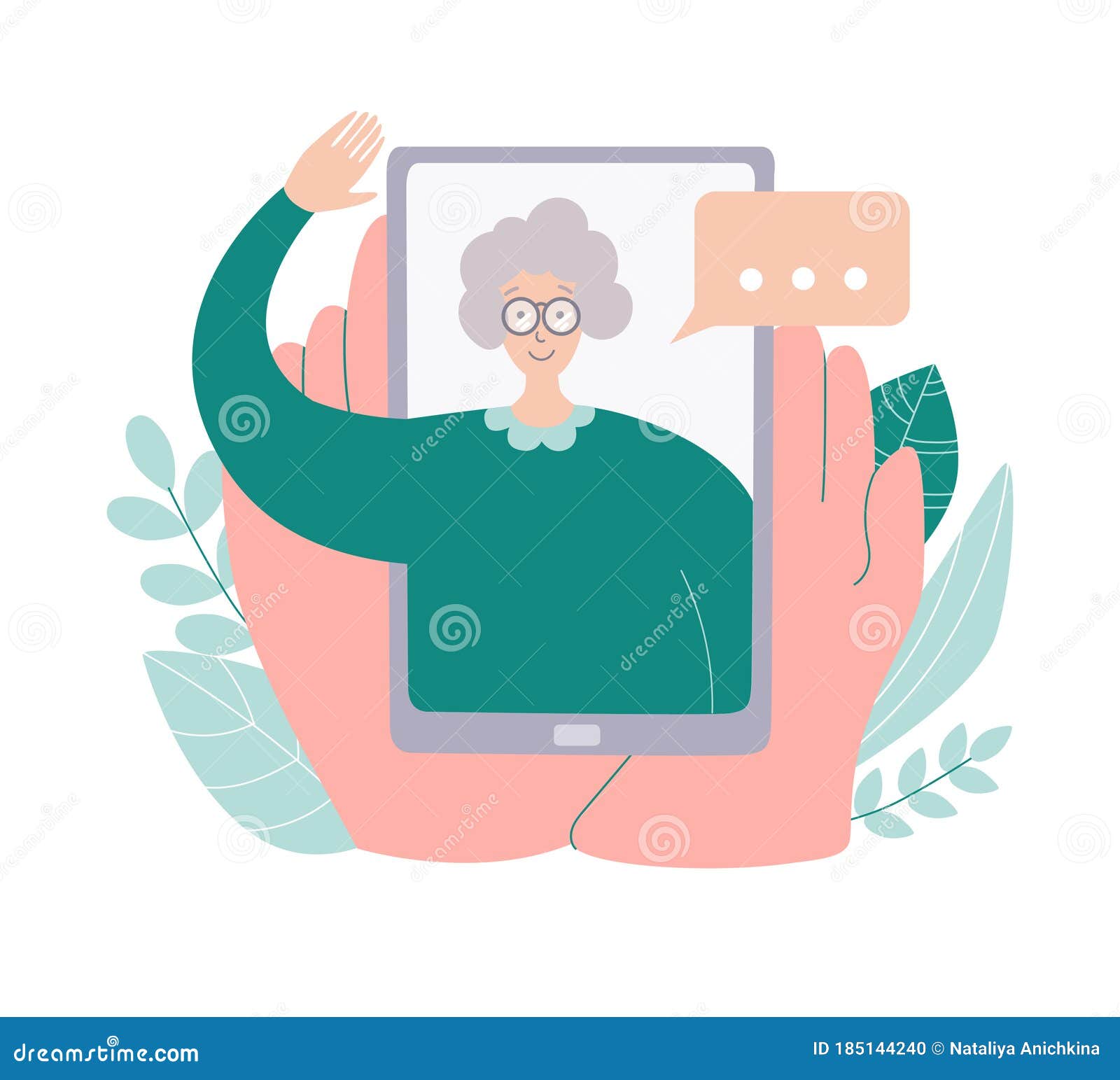 Video Call with Mother. Person Holds a Phone in Hands and See His Mom ...